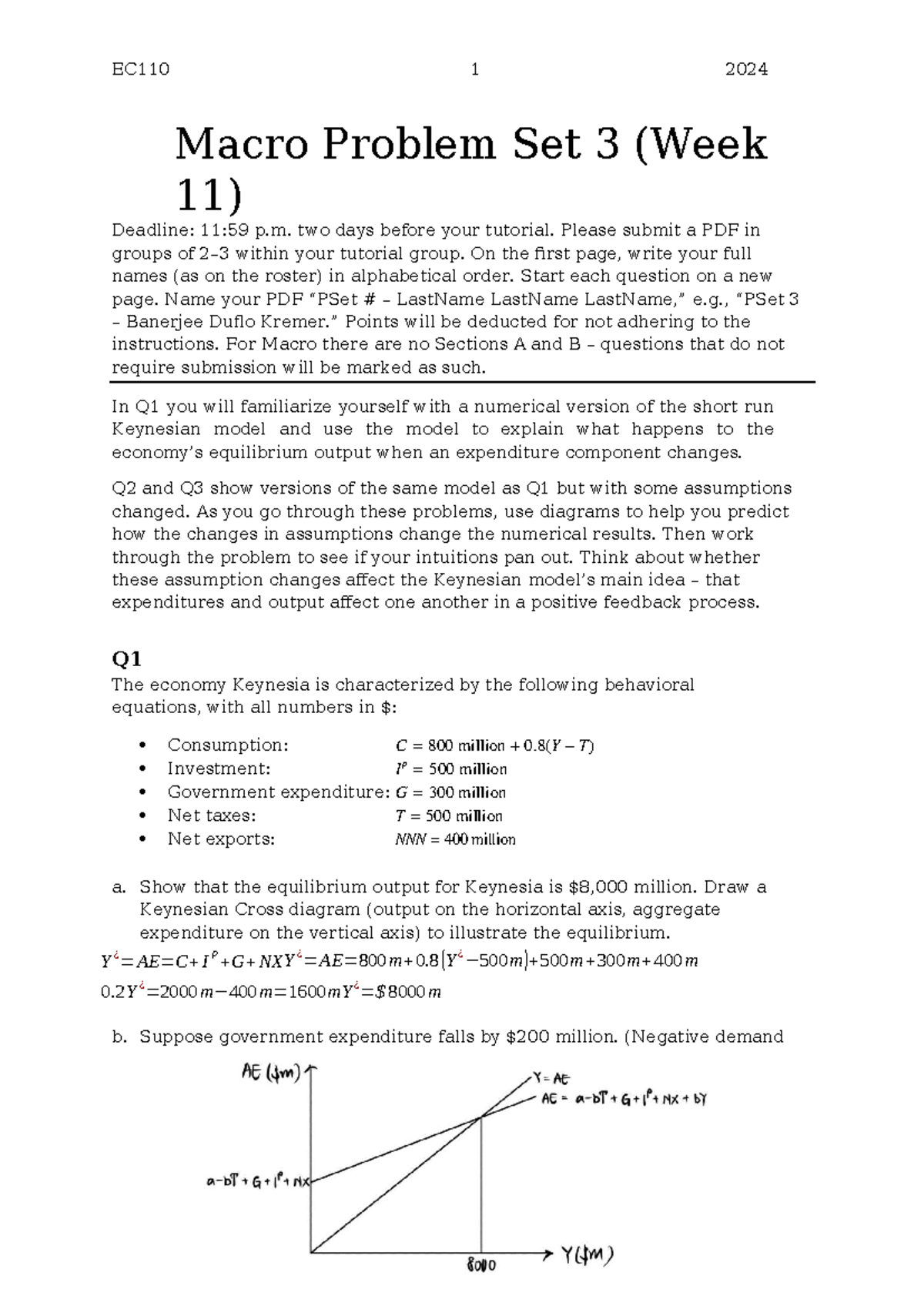 Pset3 - 1E March Macro Problem Set 3 (Week 11) Deadline: 11:59 p. two days before your tutorial ...