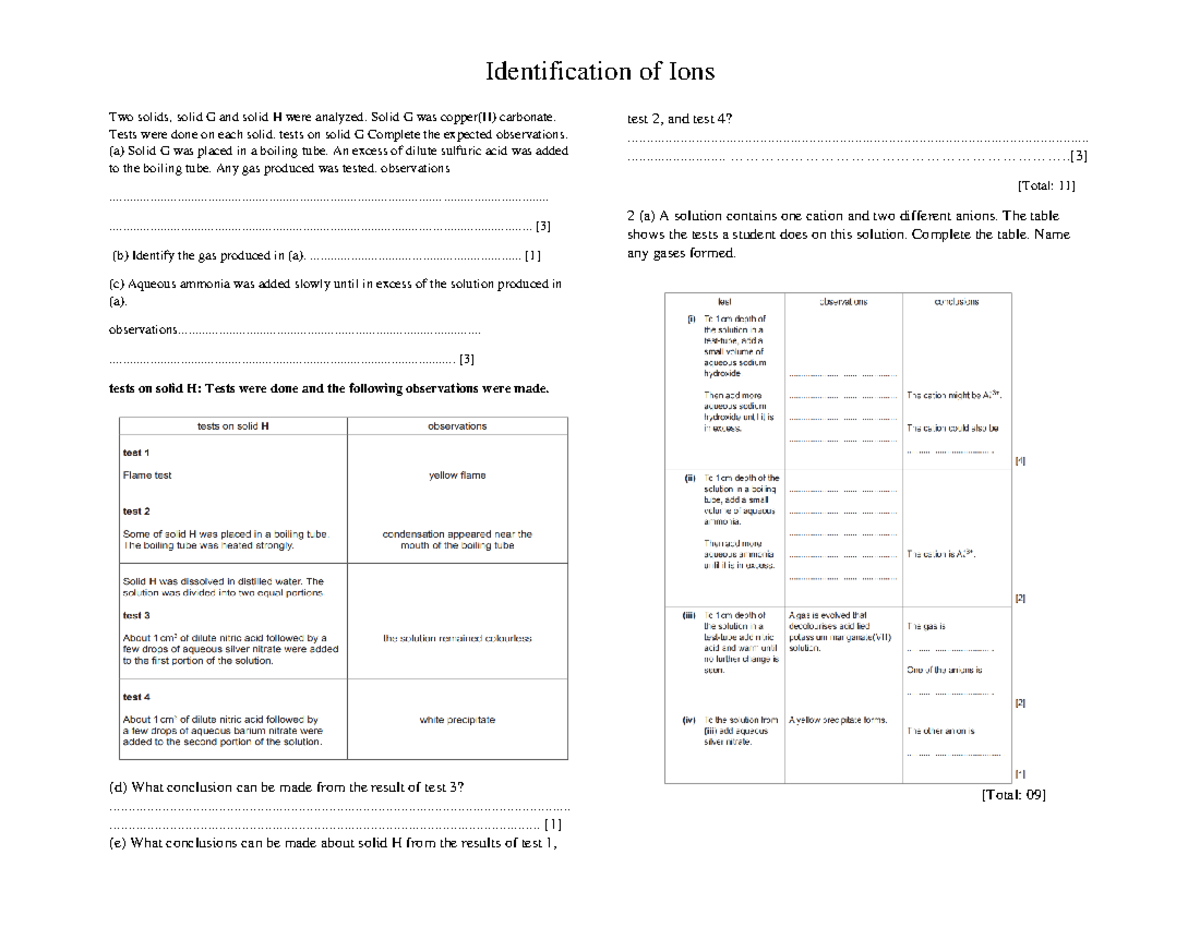 ATP- Identification of ions - Two solids, solid G and solid H were ...