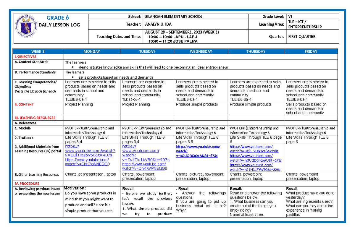 TLE ICT DLL WEEK 3 2023 2024 - GRADE 6 DAILY LESSON LOG School ...
