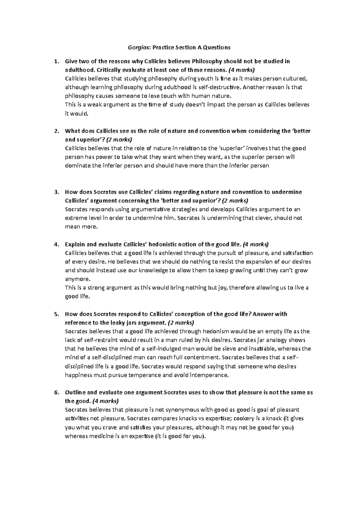 Plato S work - Gorgias : Practice Section A Questions 1. Give two of ...