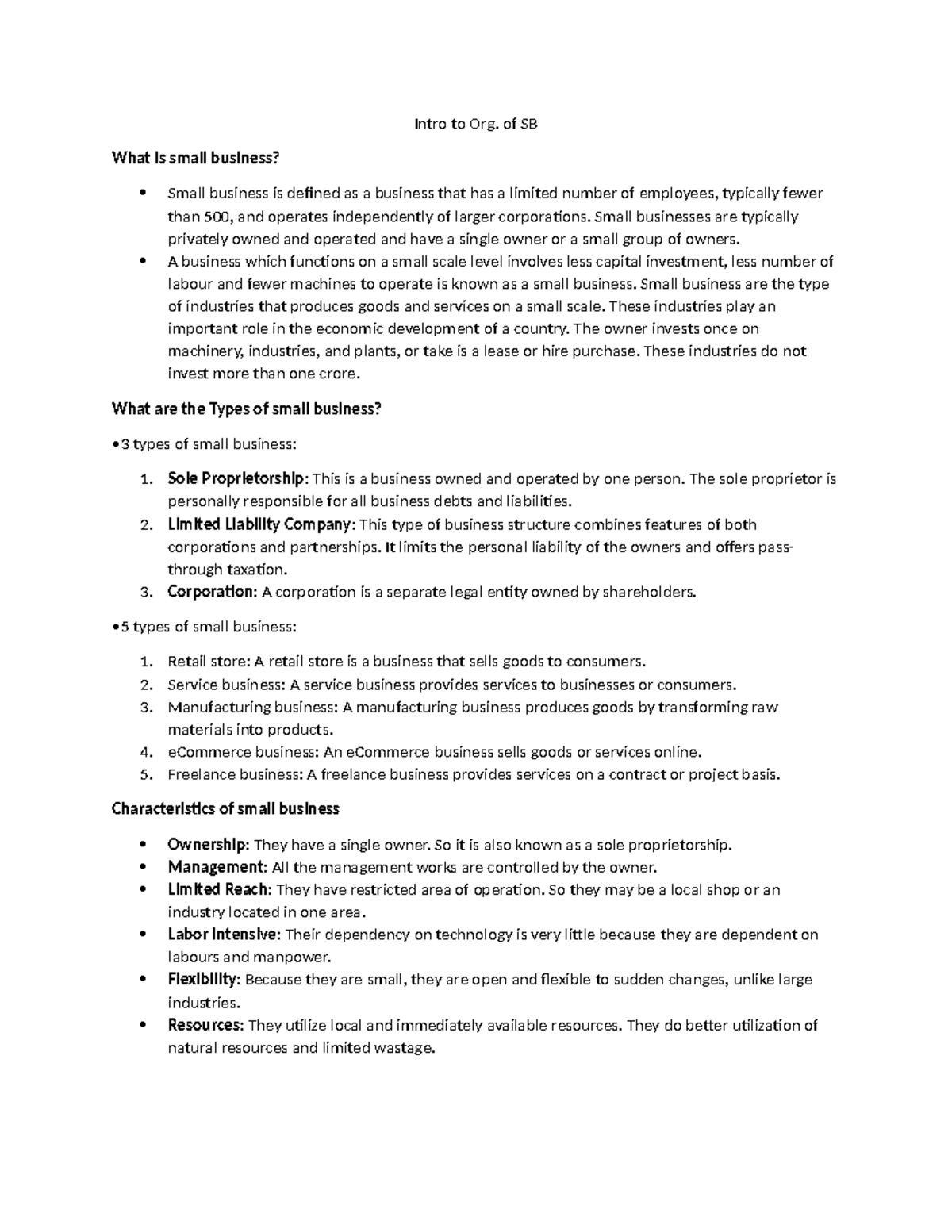 Itro to Org - of SB What is small business? Small business is defined ...