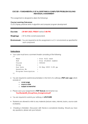 Individual Assignment CSC126 UITM Fundamental of Algorithm and Computer Problem Solving - CSC126 ...