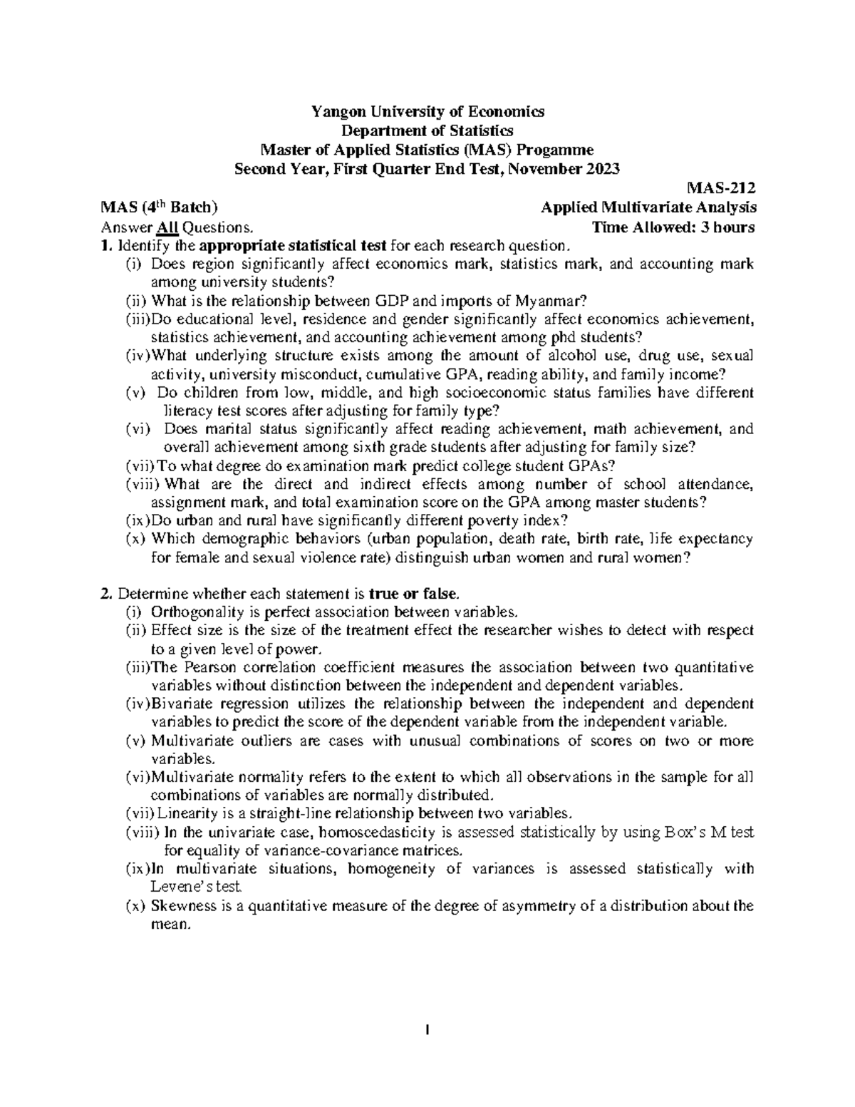 MAS 212 Exam Question 2 - Test - 1 Yangon University of Economics ...