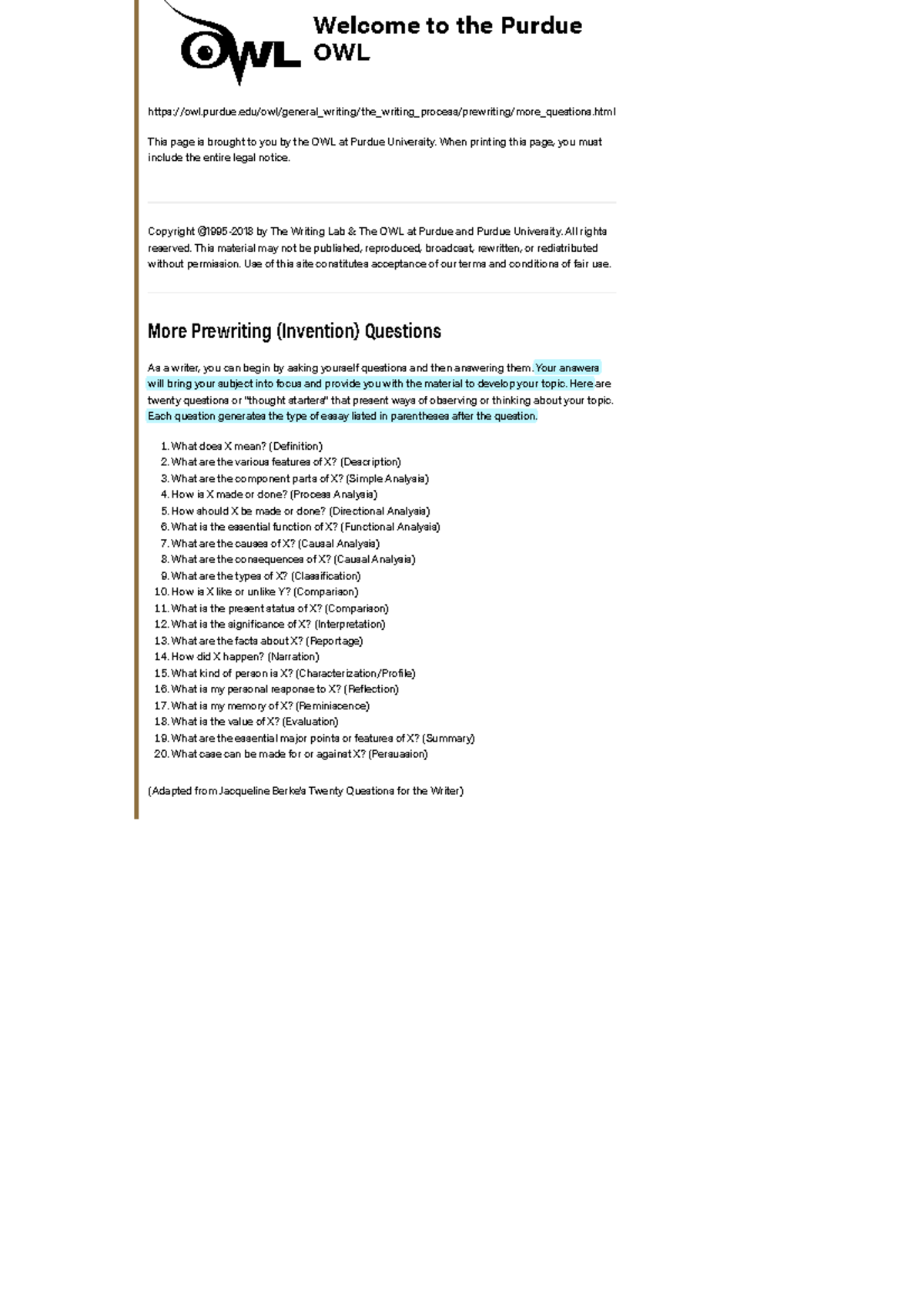 More Prewriting Questions Purdue Writing Lab - Welcome to the Purdue ...