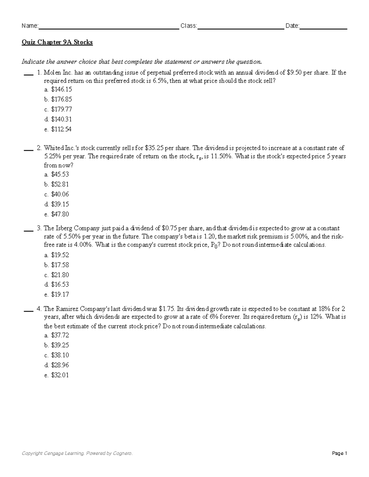Practice Problems Stocks - Indicate the answer choice that best ...