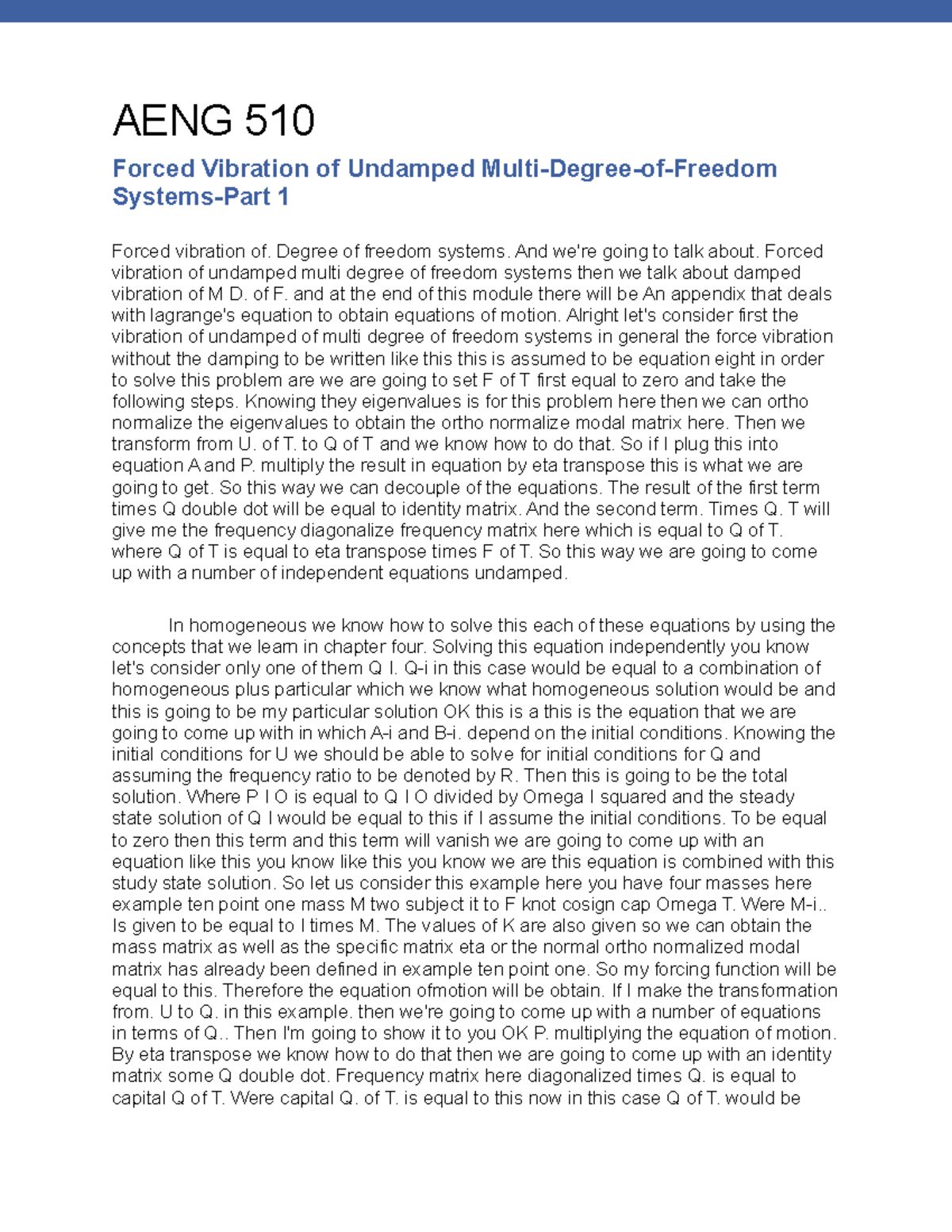 Forced Vibration of Undamped Multi-Degree-of-Freedom Systems-Part 1 ...