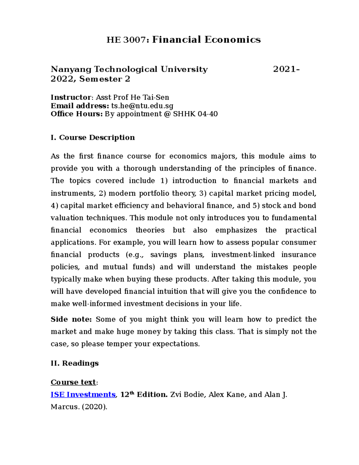 Course Outline HE3007 AY2122Sem2 - HE 3007: Financial Economics Nanyang ...