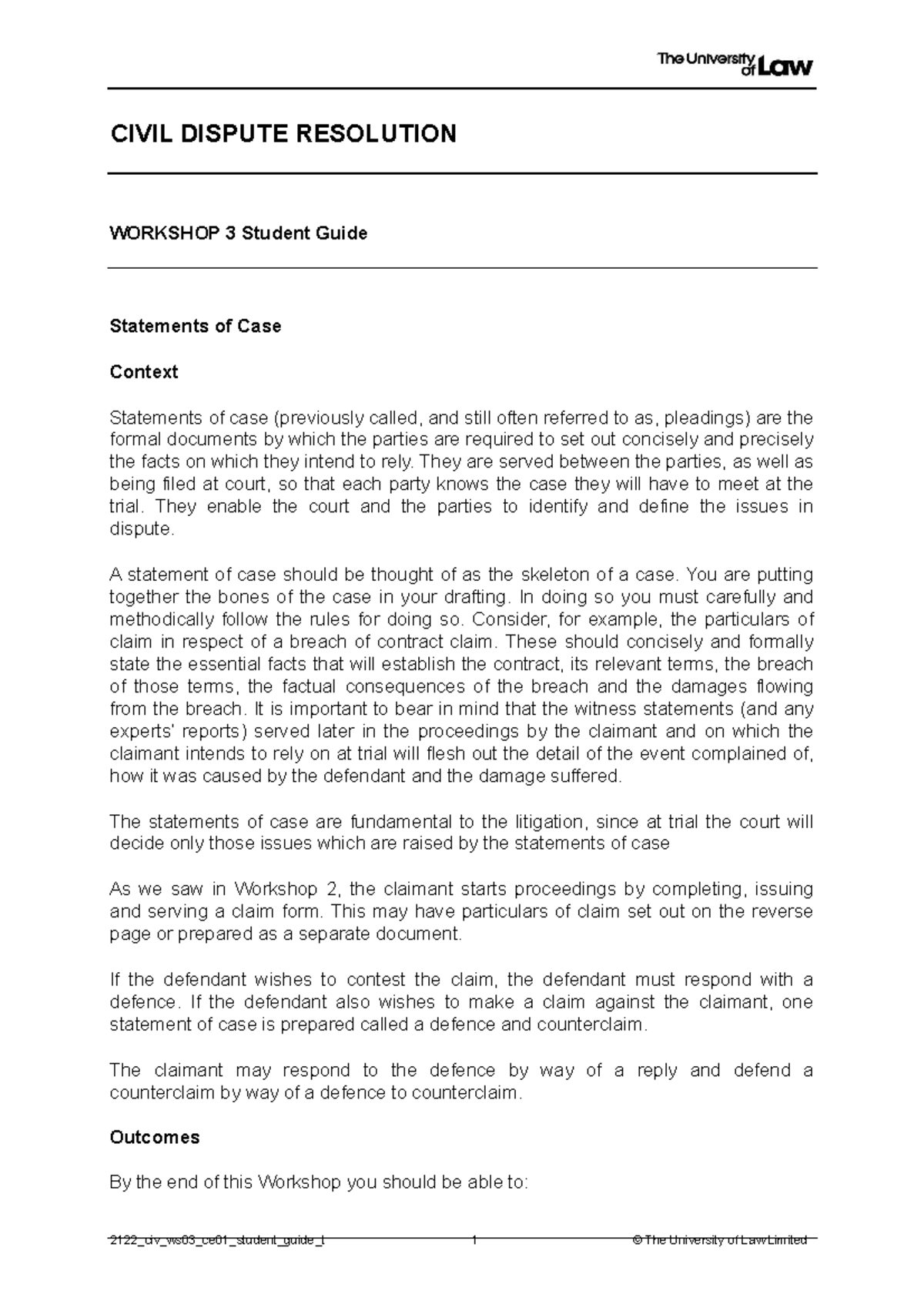 WS3 - CIVIL DISPUTE RESOLUTION WORKSHOP 3 Student Guide Statements of ...