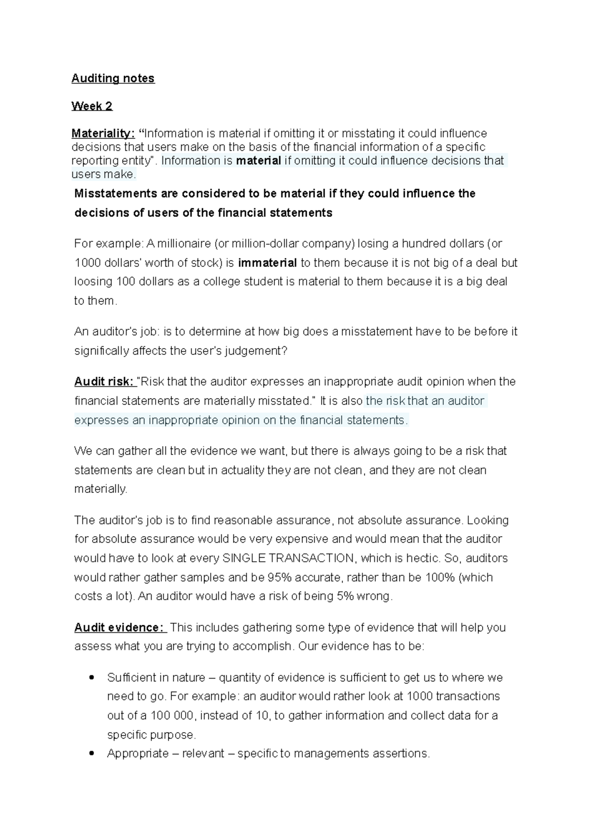 Auditing notes - Auditing notes Week 2 Materiality: “Information is ...