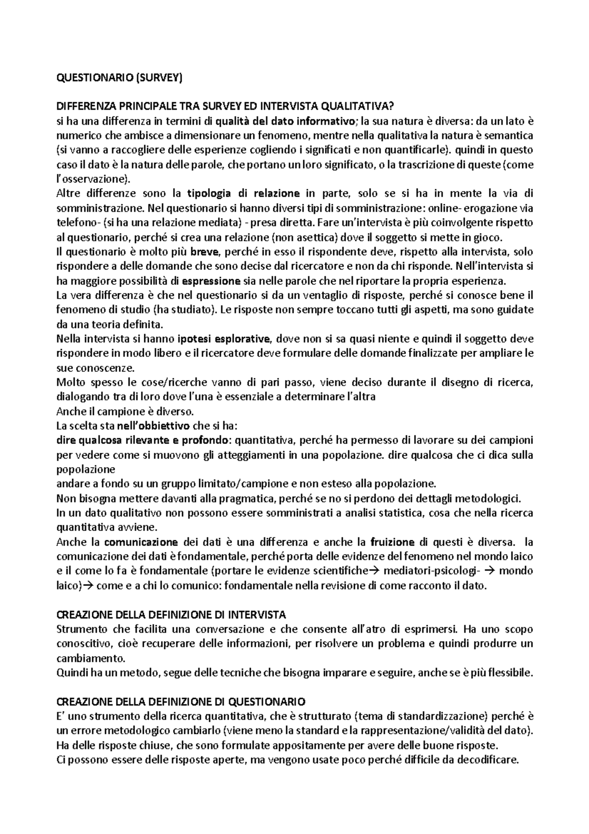 Lezione sul Questionario - QUESTIONARIO (SURVEY) DIFFERENZA PRINCIPALE ...