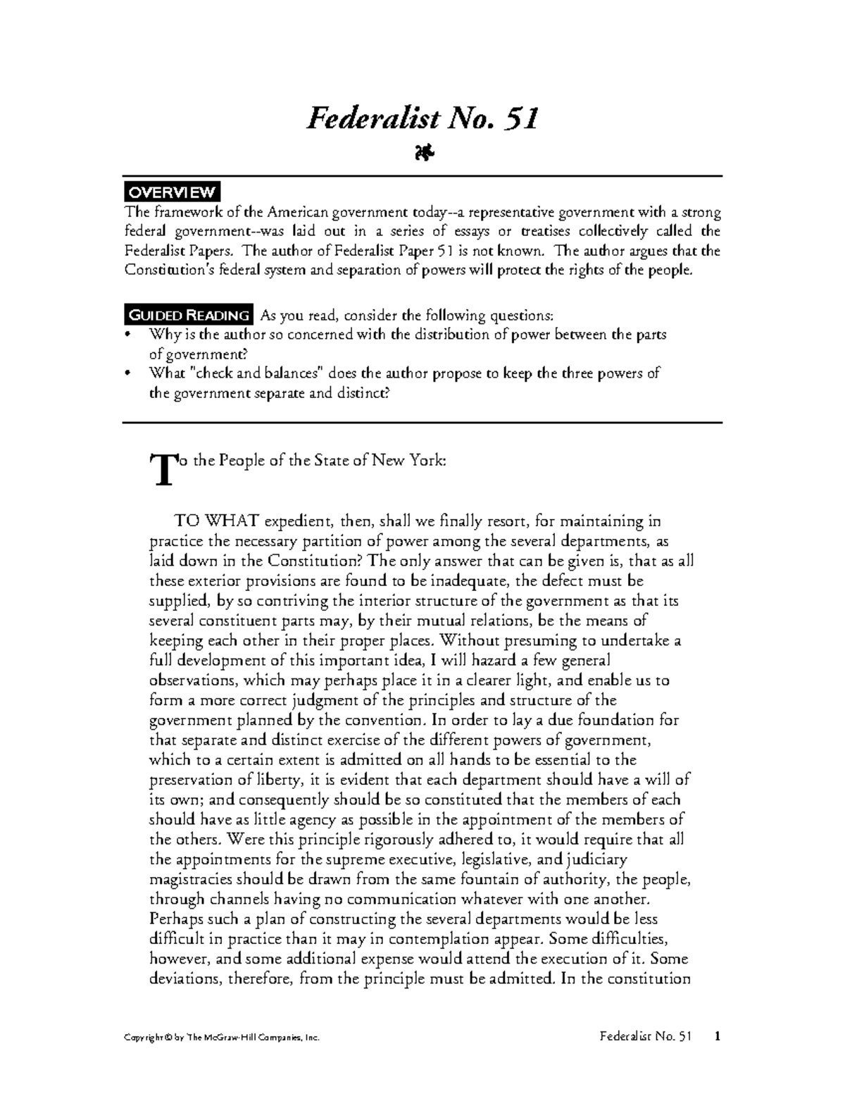 Federalist 51 - onb this work - Federalist No. 51 OVERVIEW The ...