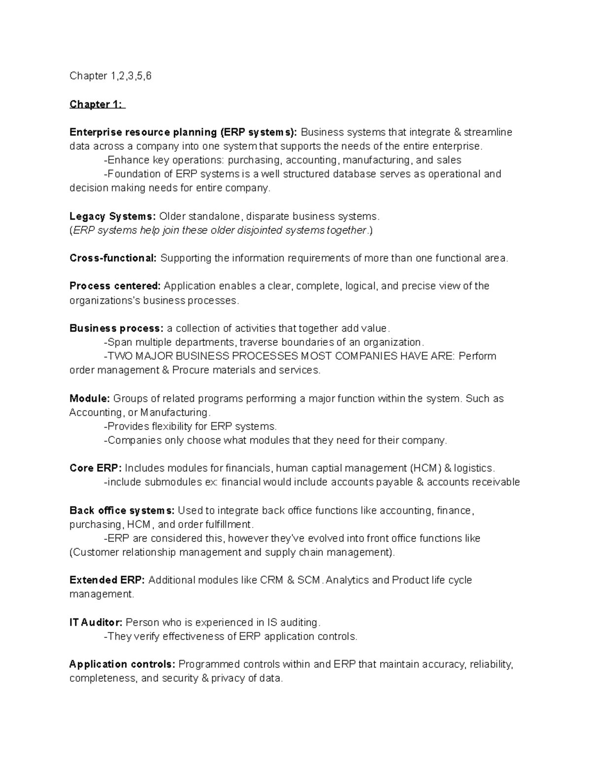 ERP Exam 1 Review - Summary Enterprise Resource Planning - Chapter 1,2,3,5, Chapter 1 ...