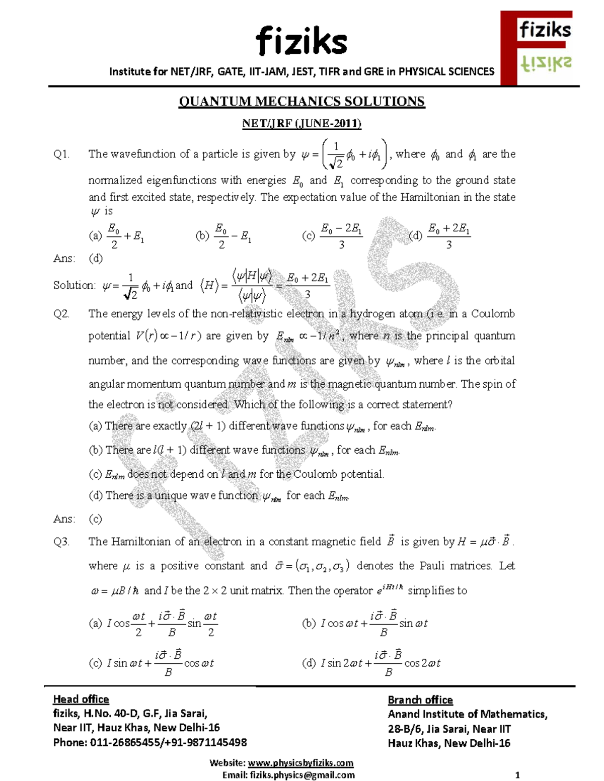 4. Quantum Mechanics NET-JRF June 2011-Dec 2016 - Institute for NET/JRF, GATE, IIT‐JAM, JEST ...