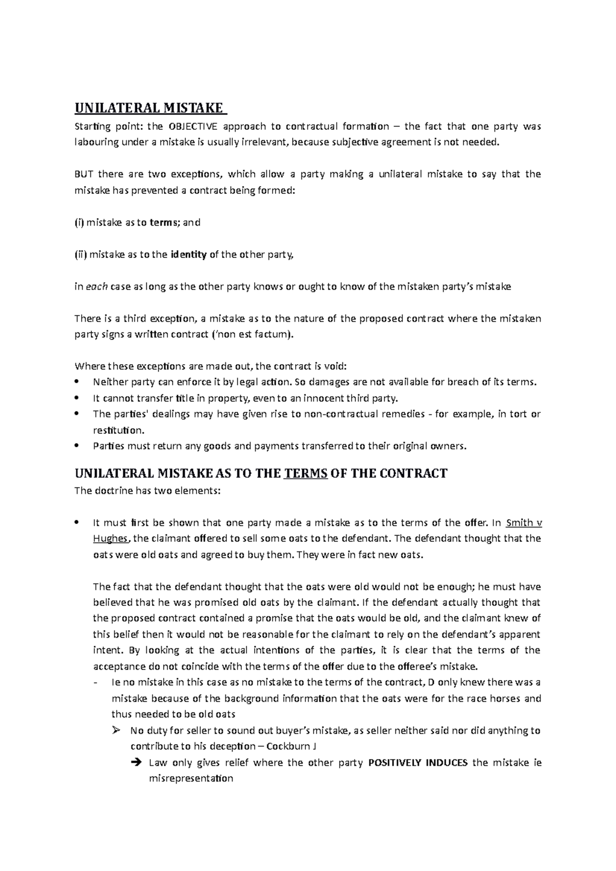 Mistake 2016 - Summary Contract Law - UNILATERAL MISTAKE Starting point ...
