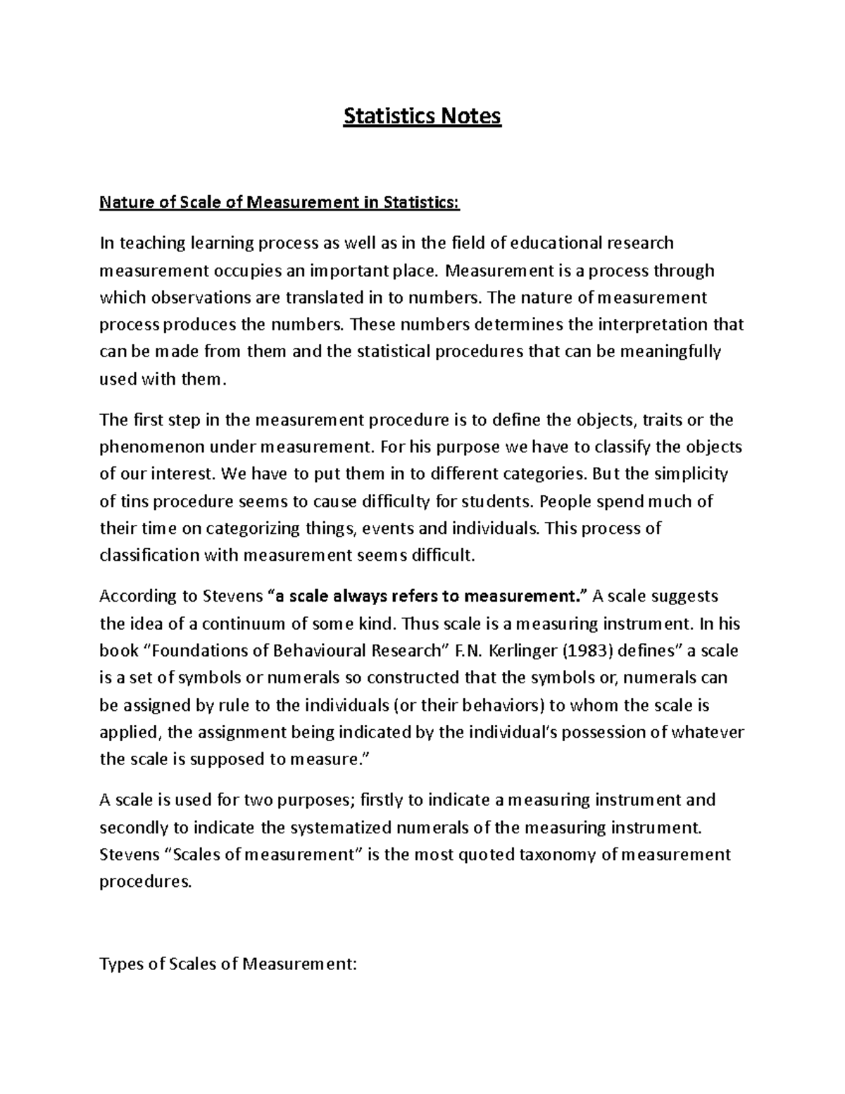 Statistics Notes - Statistics Notes Nature of Scale of Measurement in ...