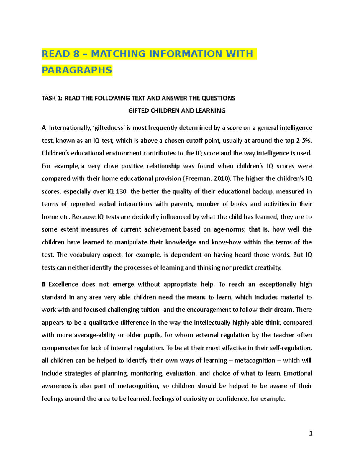 READ 8 – Matching Information WITH Paragraphs - READ 8 – MATCHING ...