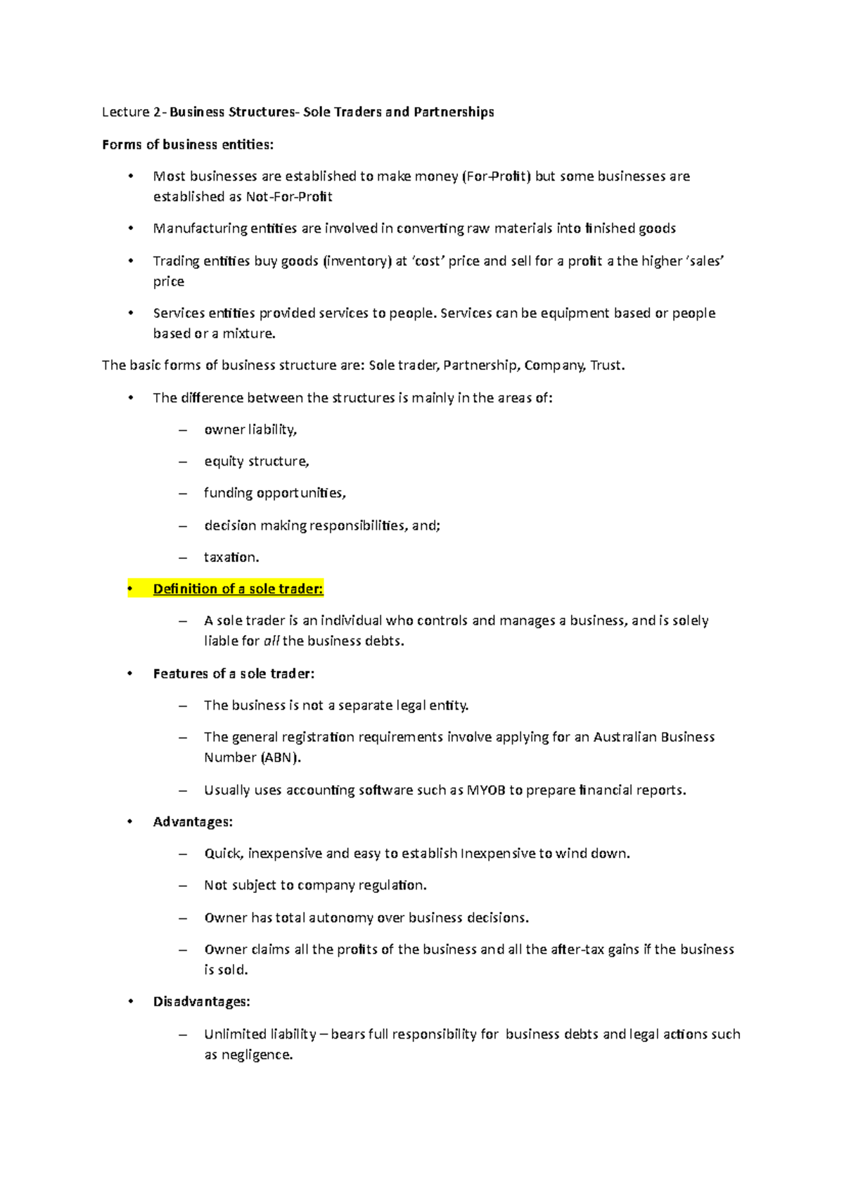 Lecture 2- Business Structures- Sole Traders and Partnerships ...