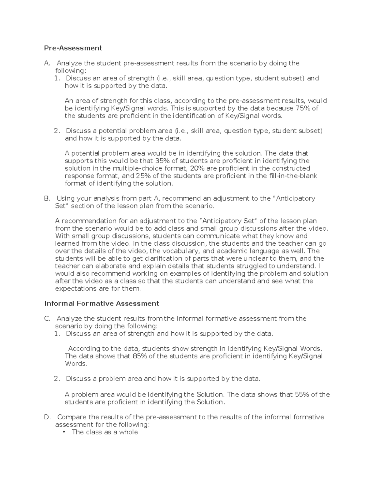 D172 Task 2 - Task 2 - Pre-Assessment A. Analyze the student pre-assessment results from the ...