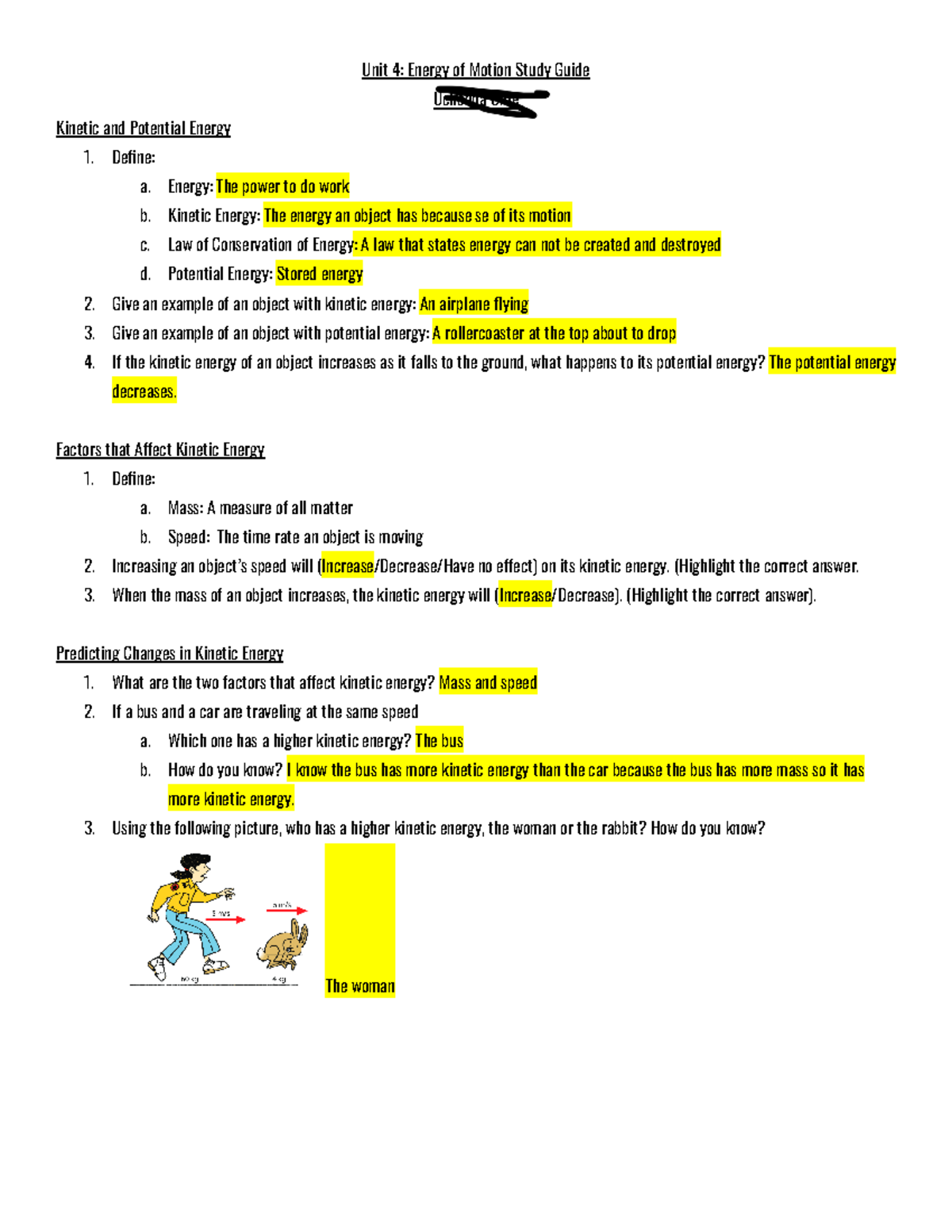 Energy of Motion Study Guide - Unit 4: Energy of Motion Study Guide ...