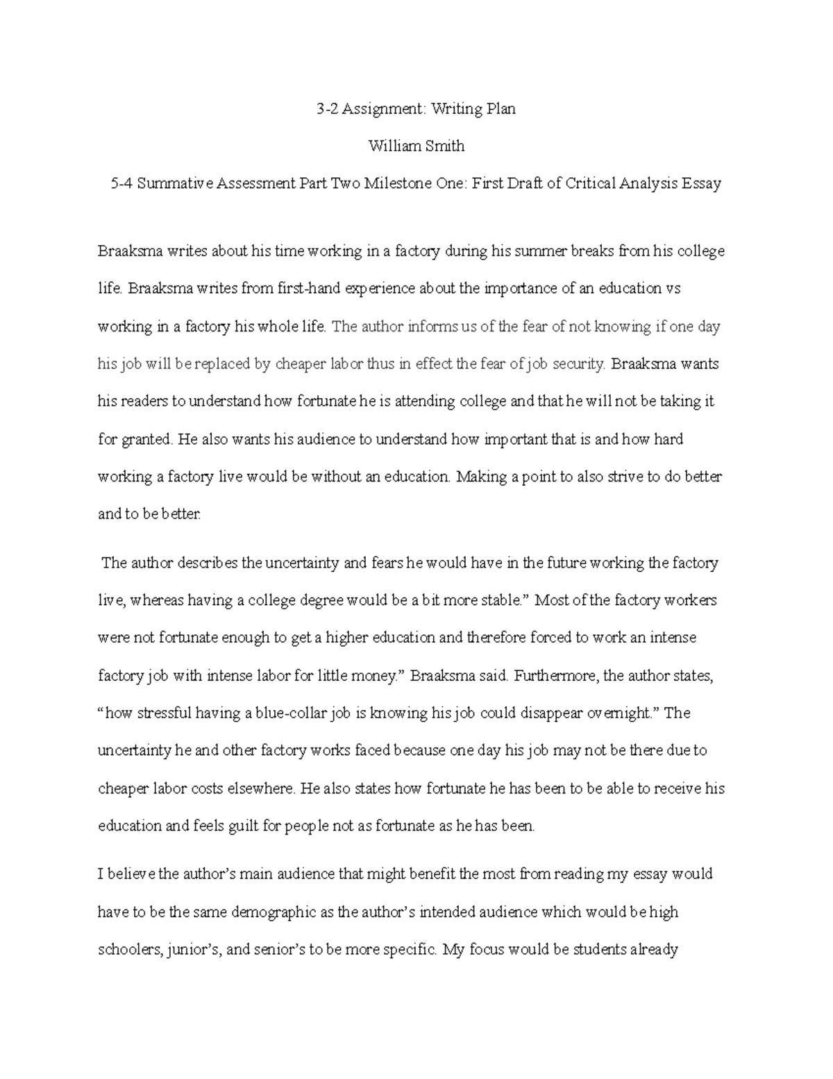 5-4 Summative Assessment Part Two Milestone One First Draft of Critical ...