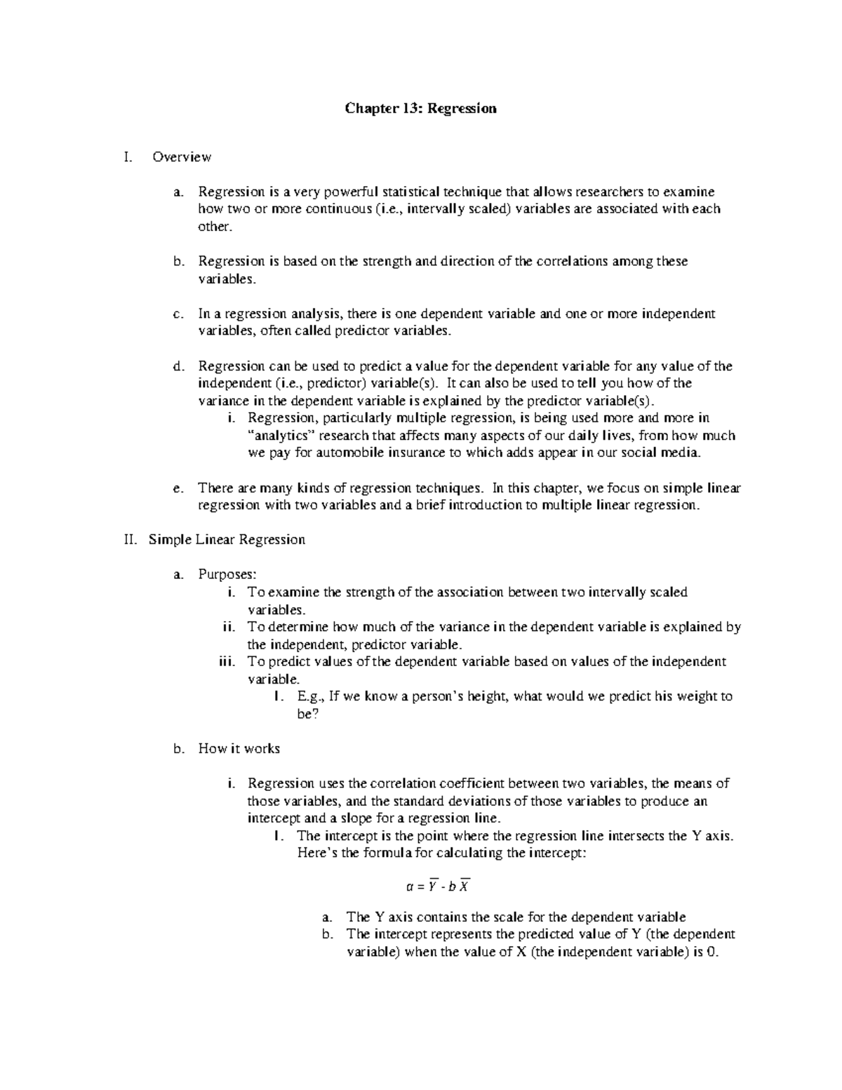 13chapter summary ch13 - Chapter 13: Regression I. Overview a ...