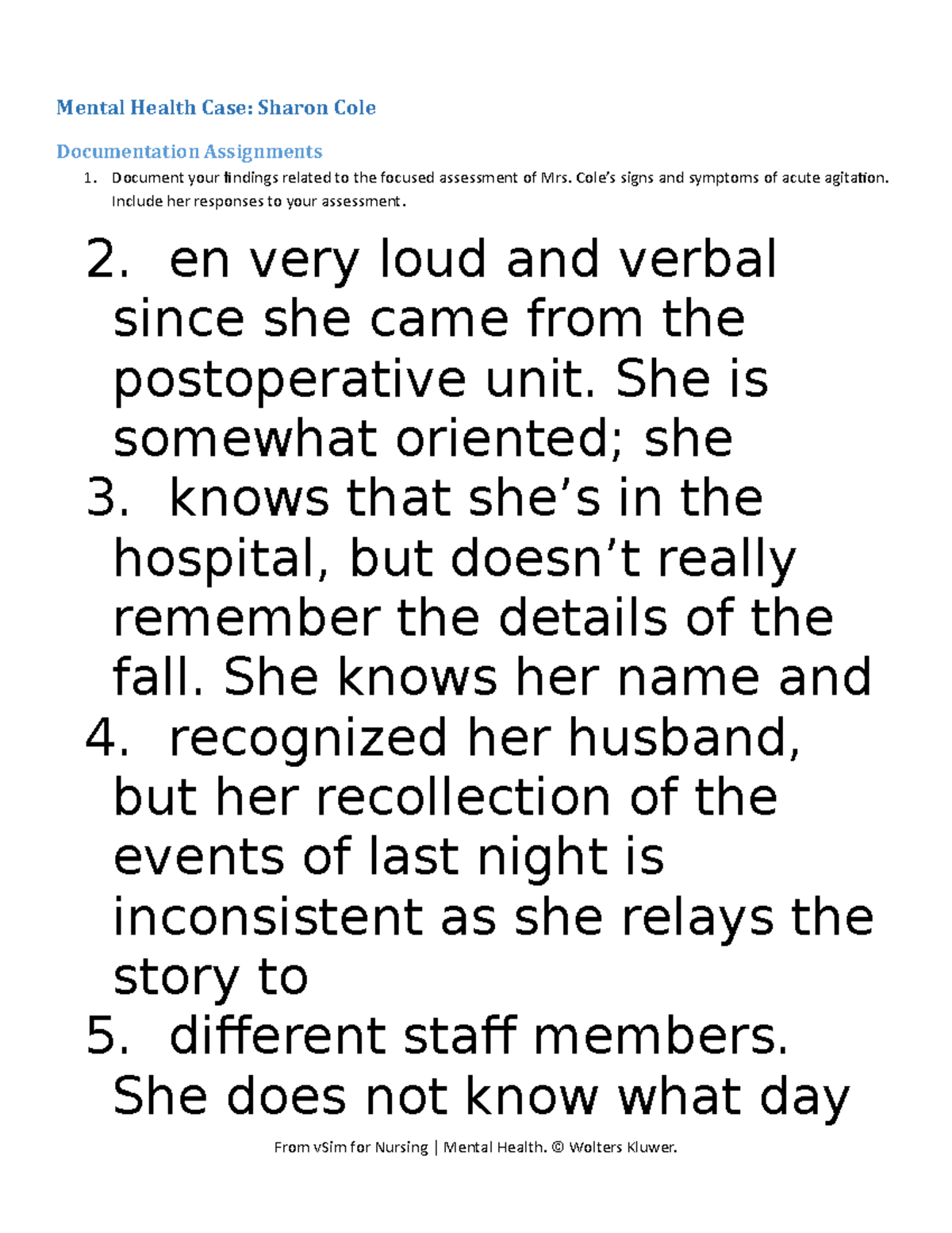 SHARON COLE Documentation Assignment - Mental Health Case: Sharon Cole ...