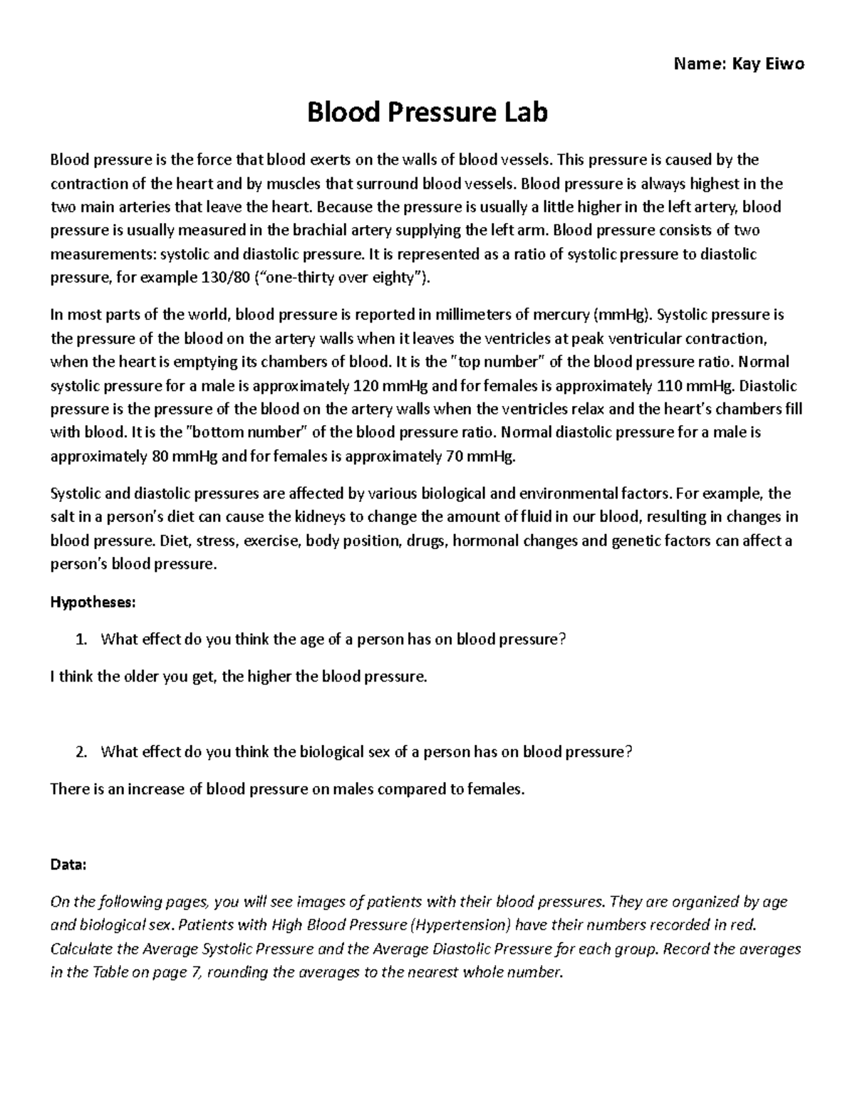 Copy of Blood Pressure Lab - Name: Kay Eiwo Blood Pressure Lab Blood ...