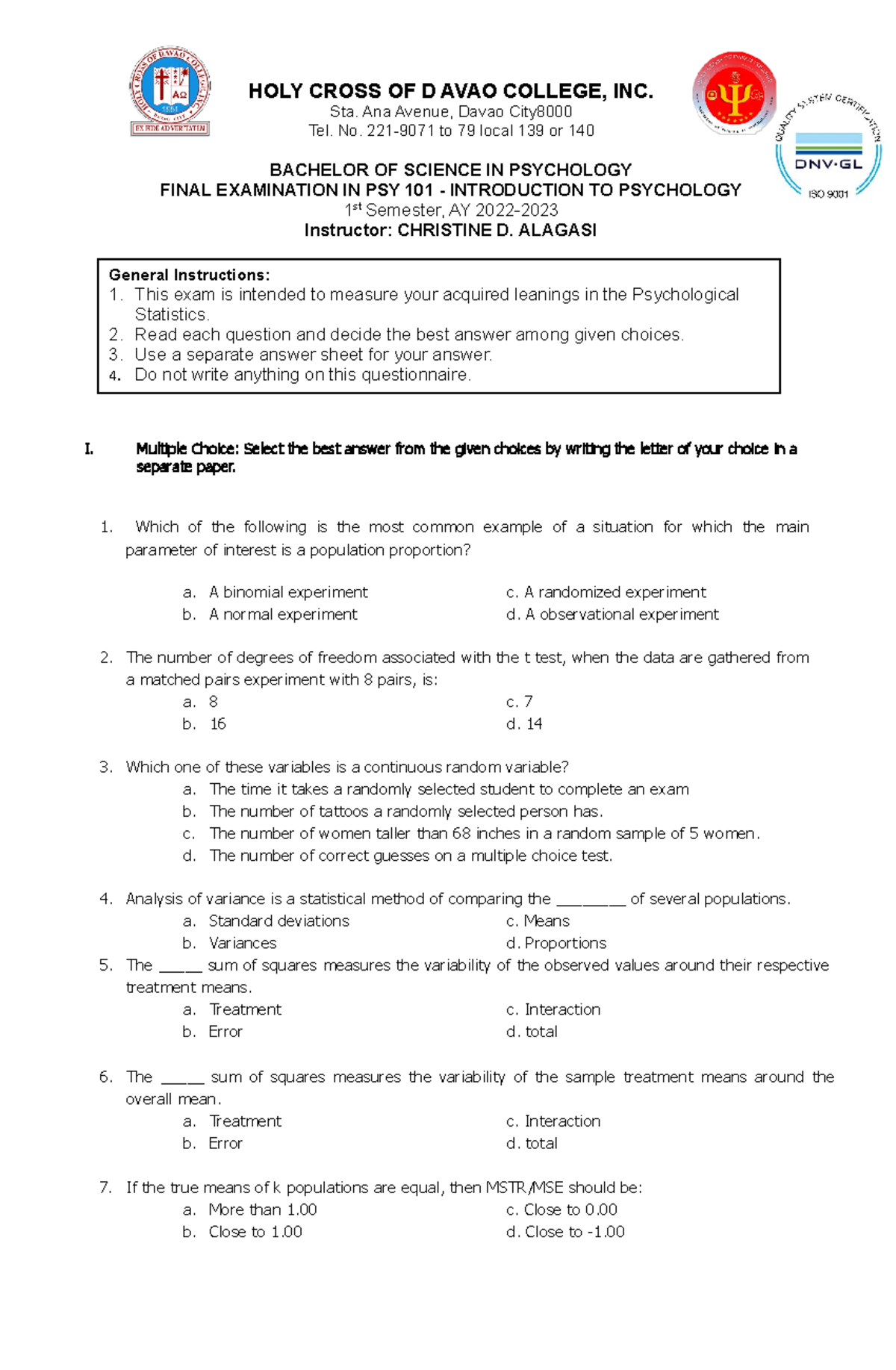 Psy Stat Final Exam - SUMMARY ASSESSMENT - HOLY CROSS OF D AVAO COLLEGE ...
