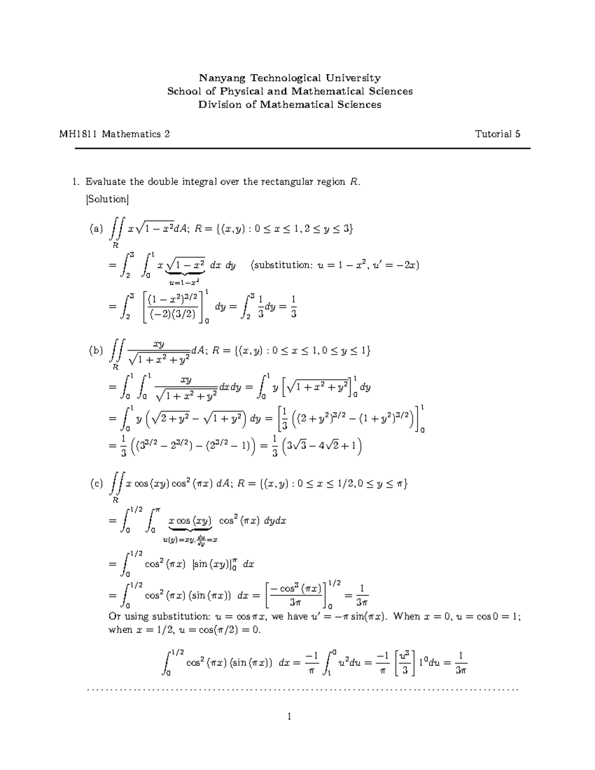 MH1811 Tutorial 5 MC 2020 Db Int soln - Nanyang Technological University School of Physical and ...