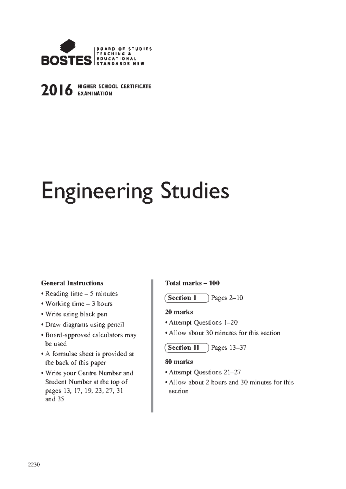 2016 hsc engineering studies - 2016 HIGHER SCHOOL CERTIFICATE ...