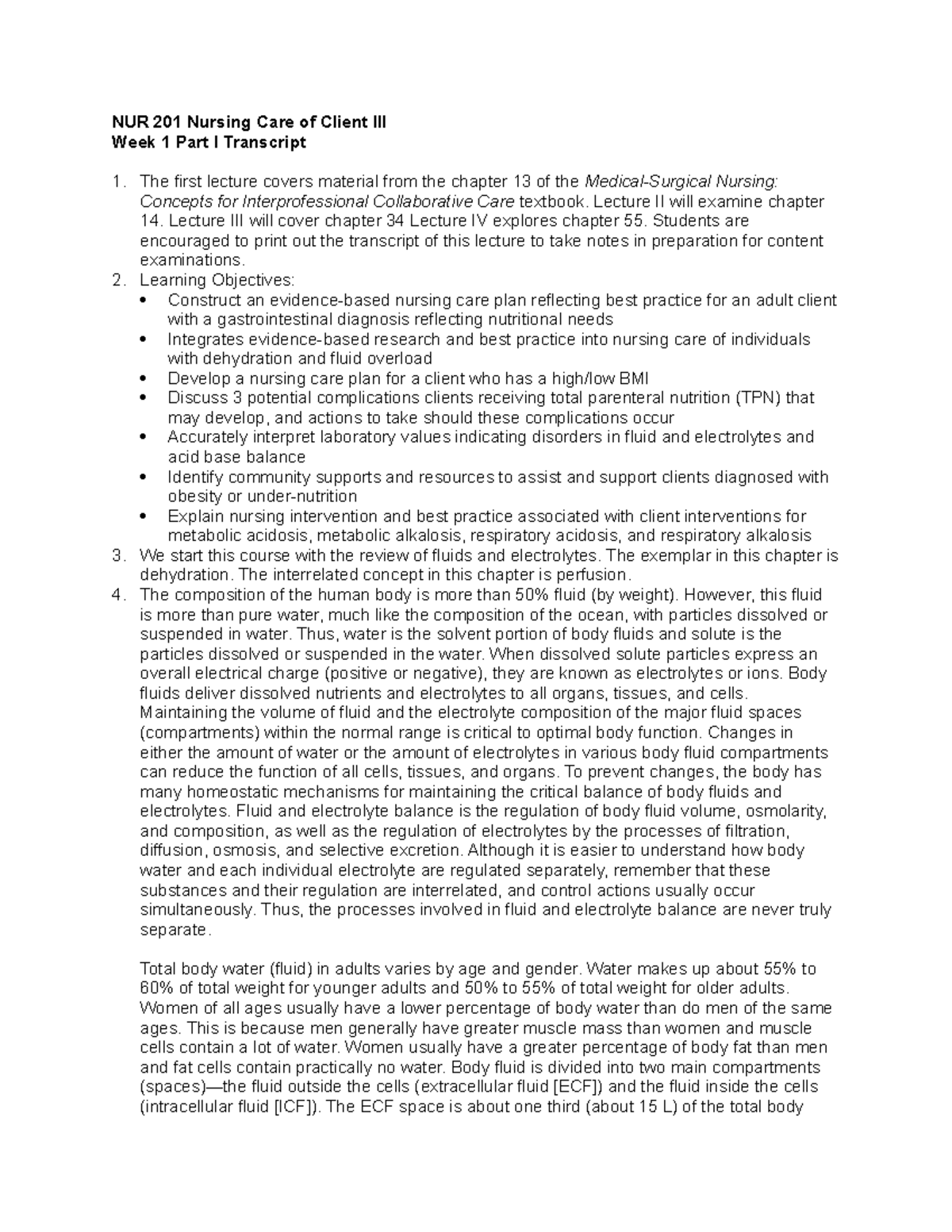 NUR 201 Nursing Care of Client III Week 1 Part I Transcript - Lecture ...