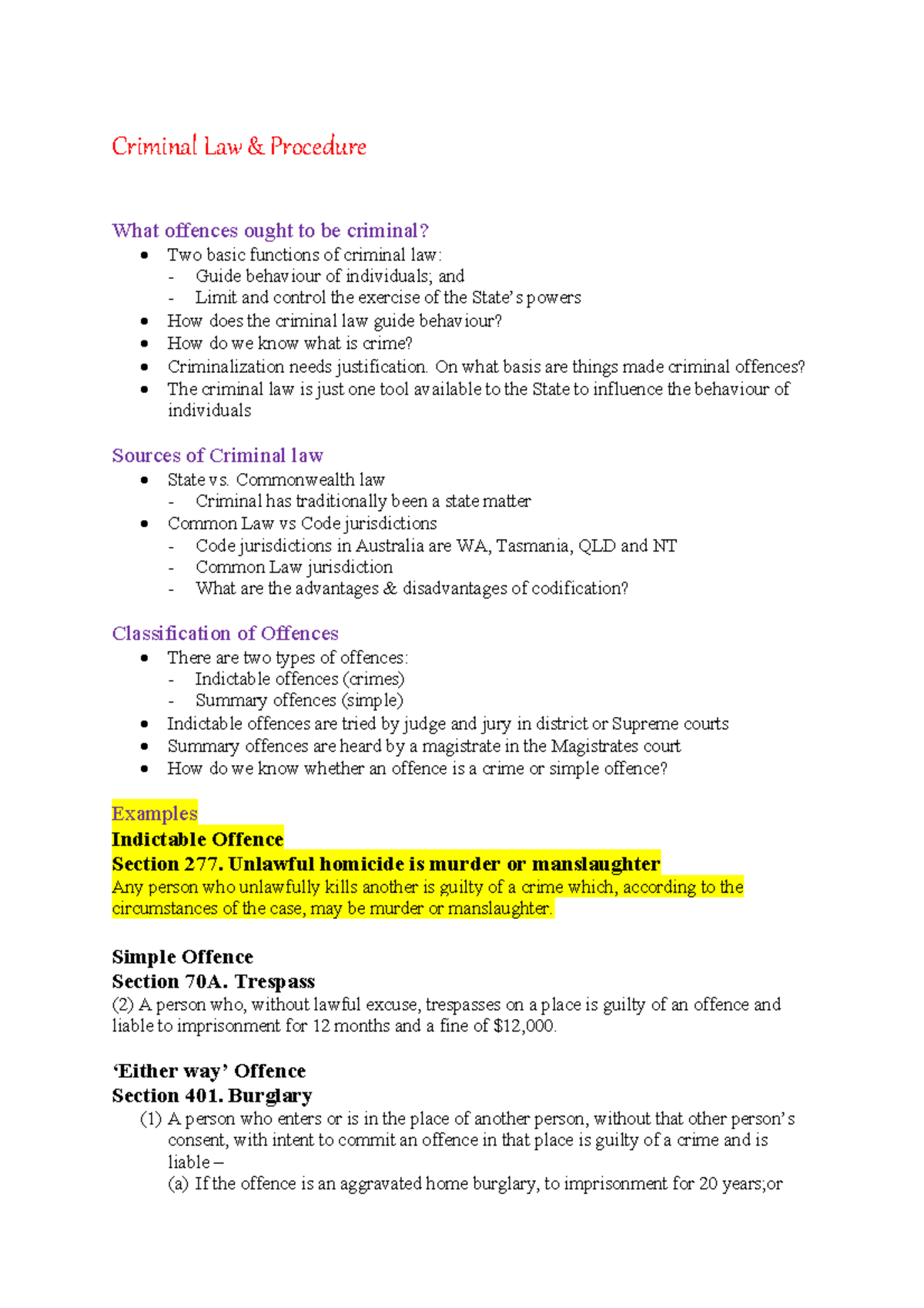Criminal law notes - Criminal Law & Procedure What offences ought to be ...