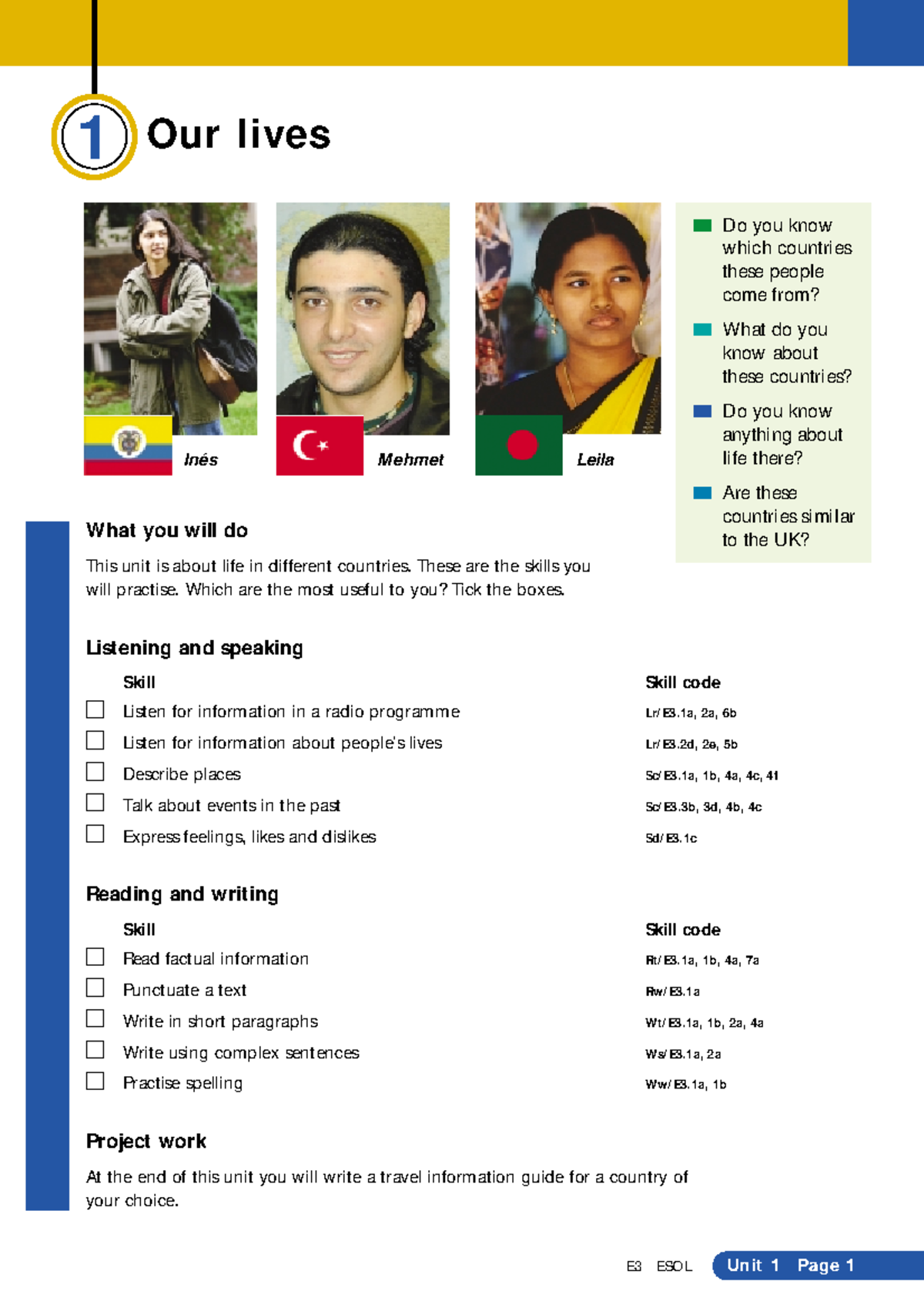 ESOL learner materials Entry 3, Unit 1 - Our lives 1 E3 ESOL Unit 1 ...