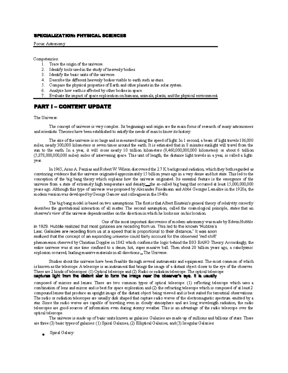 Physical Science Astronomy - Focus: Astronomy Competencies: 1. Trace ...