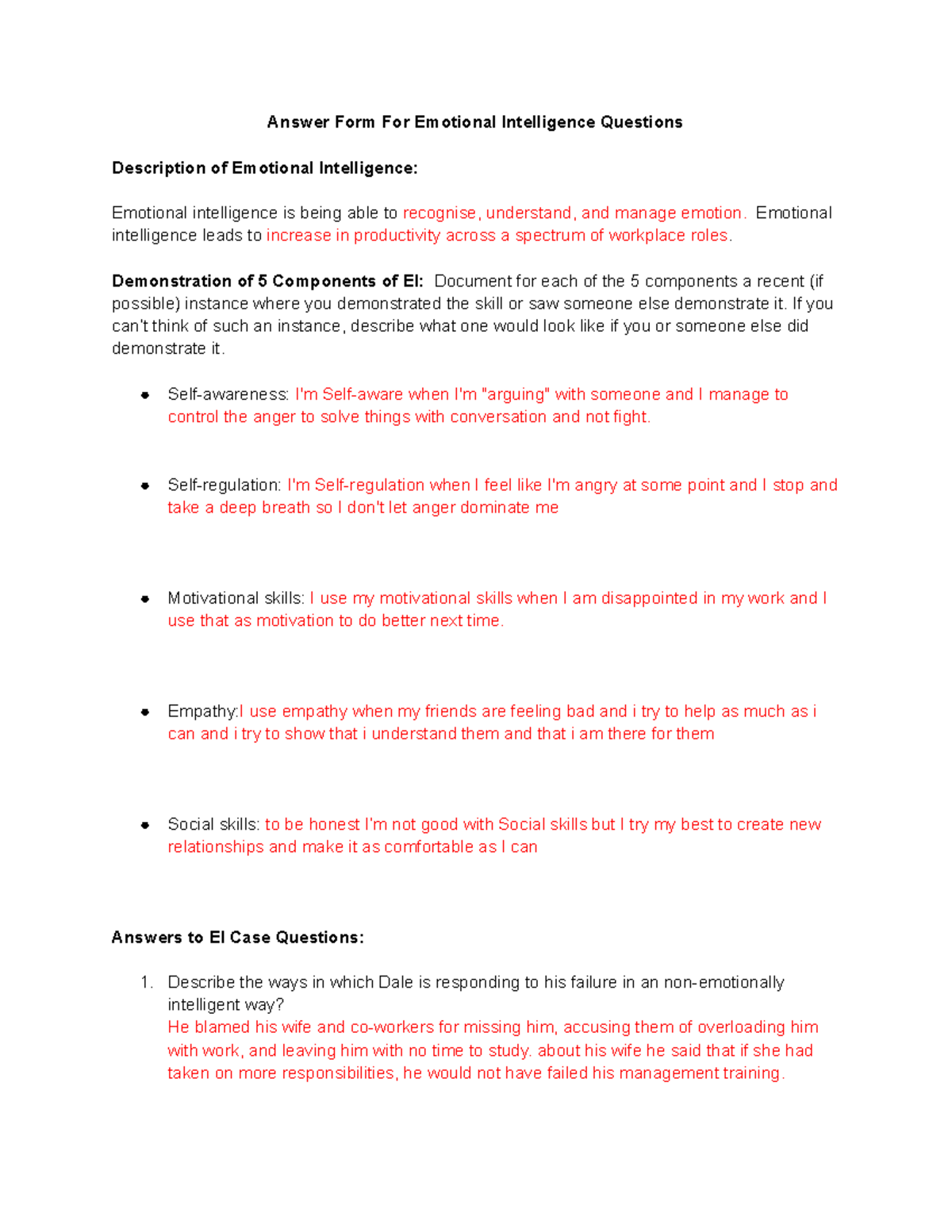 Answer Form For EI Questions - Answer Form For Emotional Intelligence ...