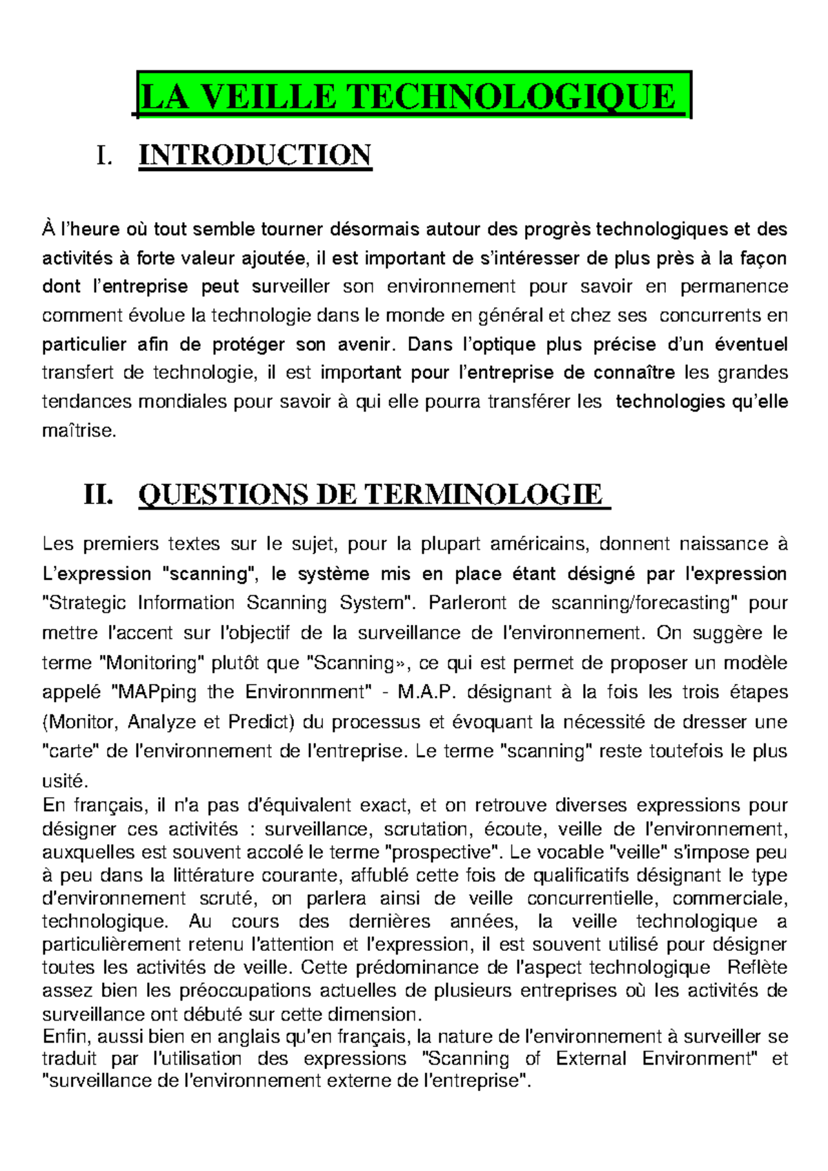 Cours LA Veille Technologique - LA VEILLE TECHNOLOGIQUE I. INTRODUCTION ...