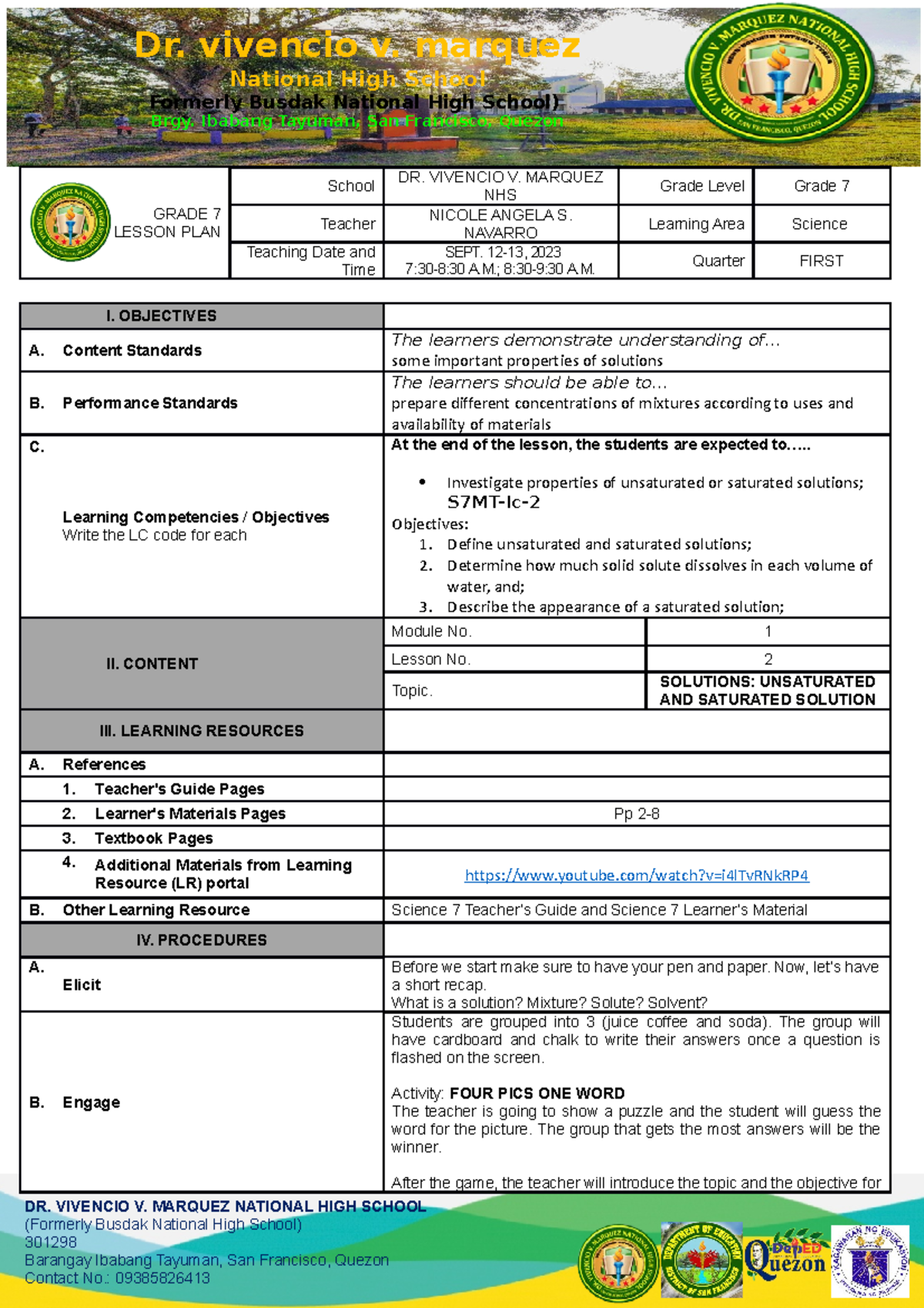 LP.Q1.SCI7 - L2 - lesson guide - Dr. vivencio v. marquez National High ...