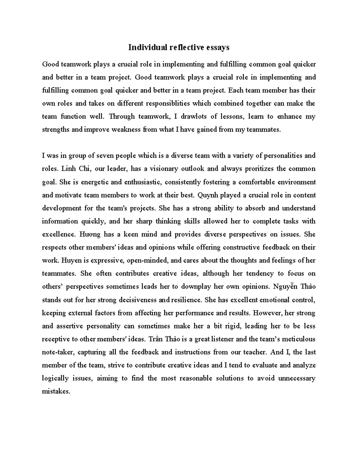 Individual assignment copy 2 - Individual reflective essays Good ...