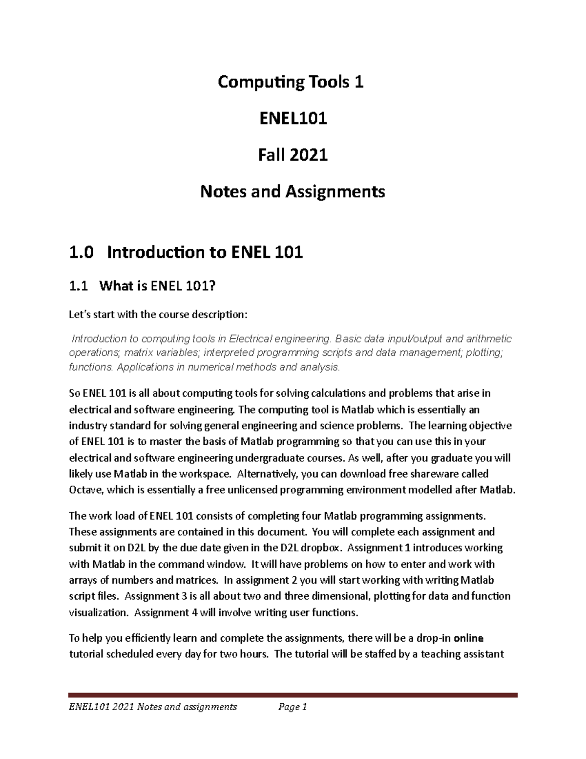 Enel101 Fall2021course Notes Assignments Computing Tools 1 Enel Fall 2021 Notes And