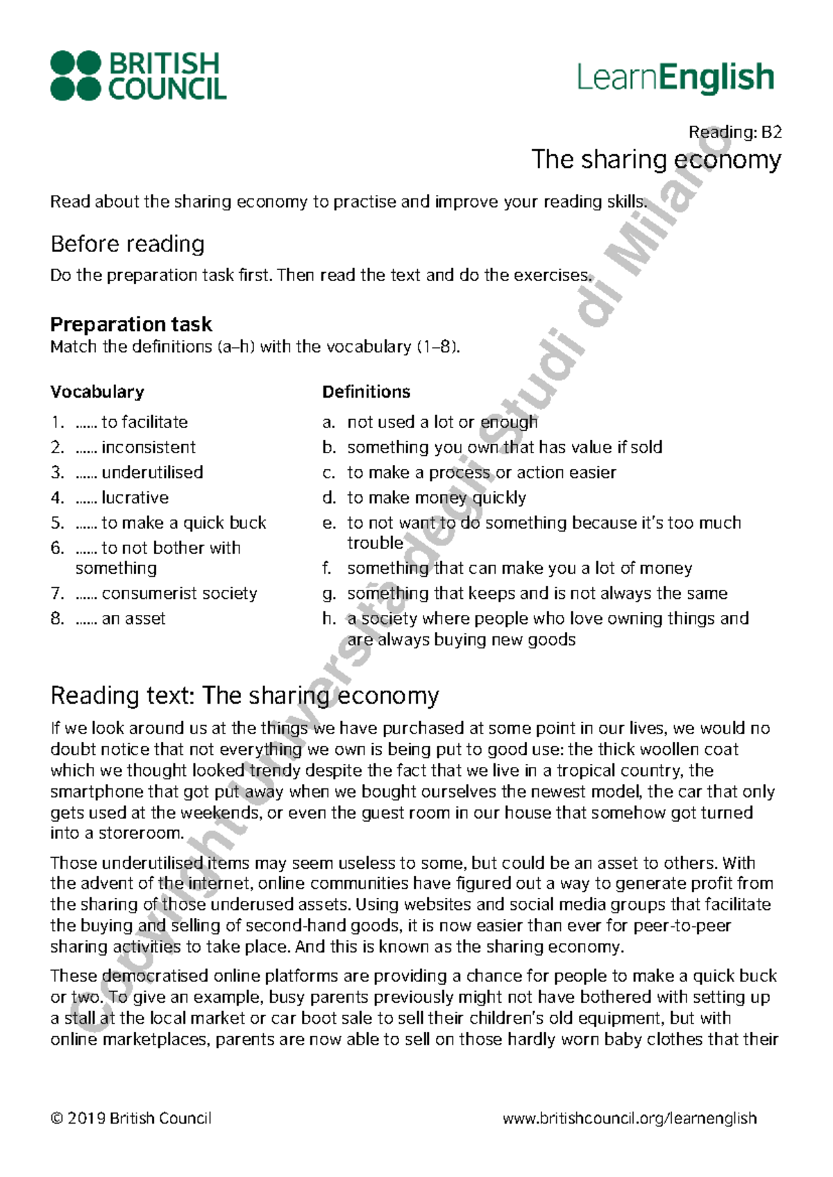 The sharing economy Reading Comprehension - Reading: B The sharing ...