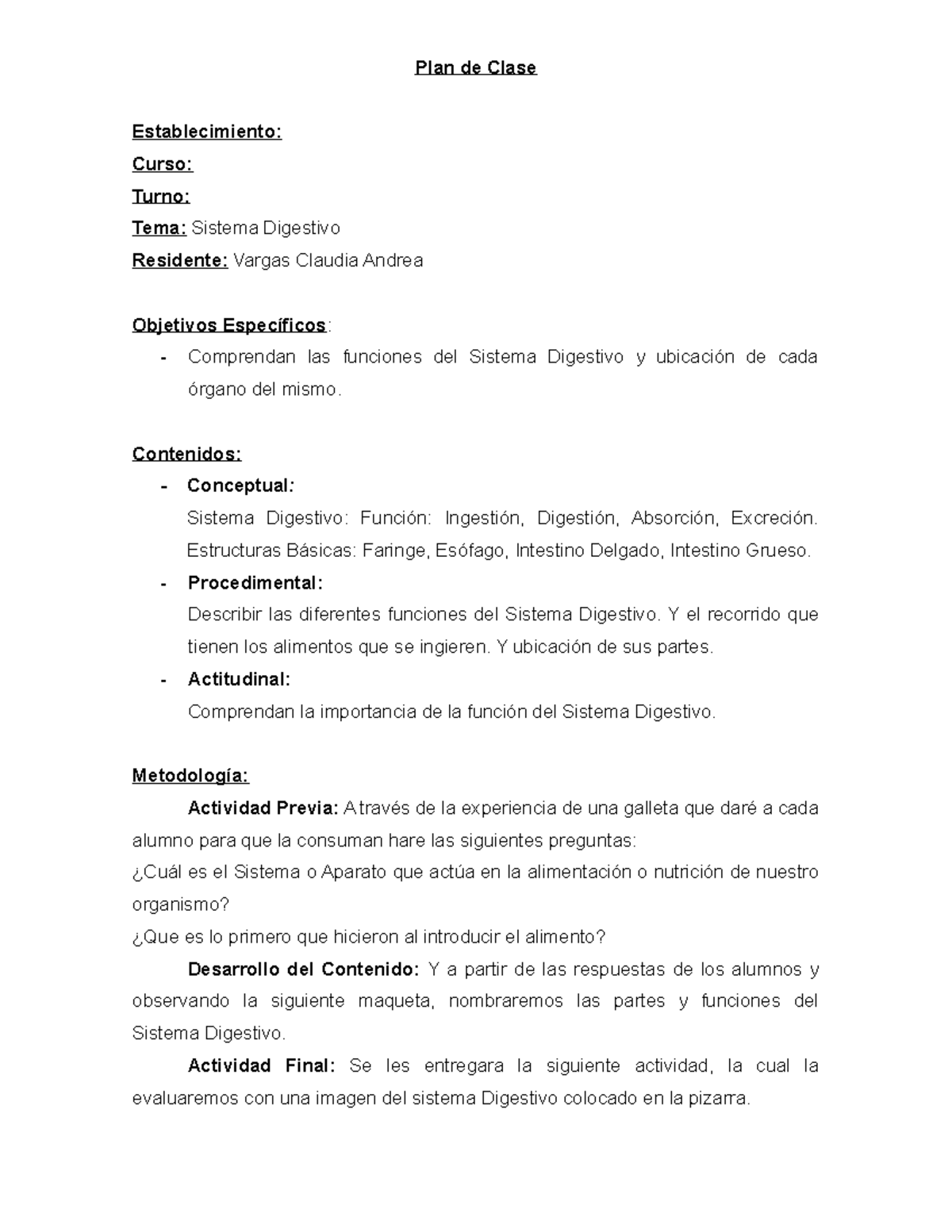 Plan de Clase-Sistema Digestivo - Plan de Clase Establecimiento: Curso ...