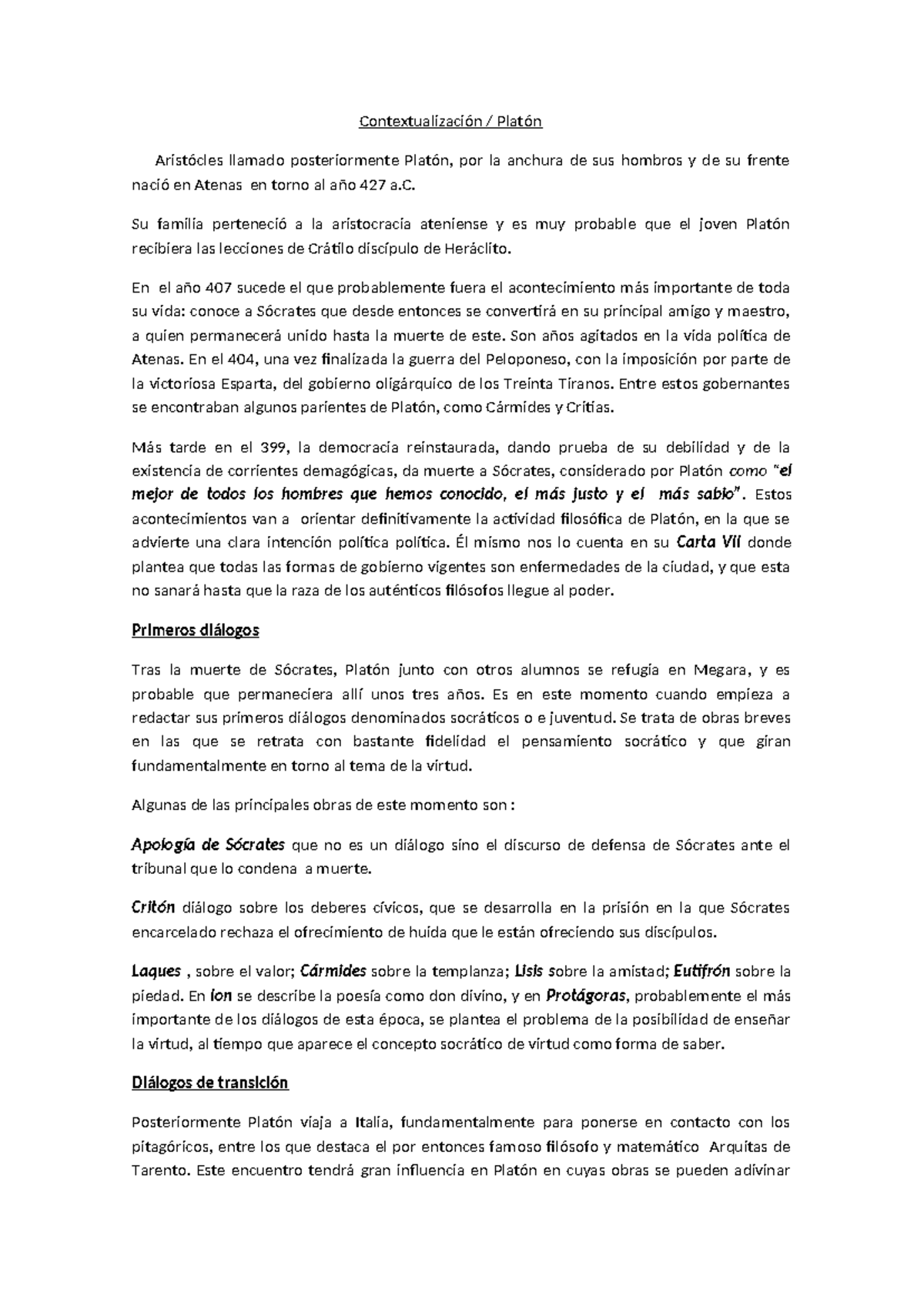 6.- Contextualización Platón - Contextualización / Platón Aristócles ...