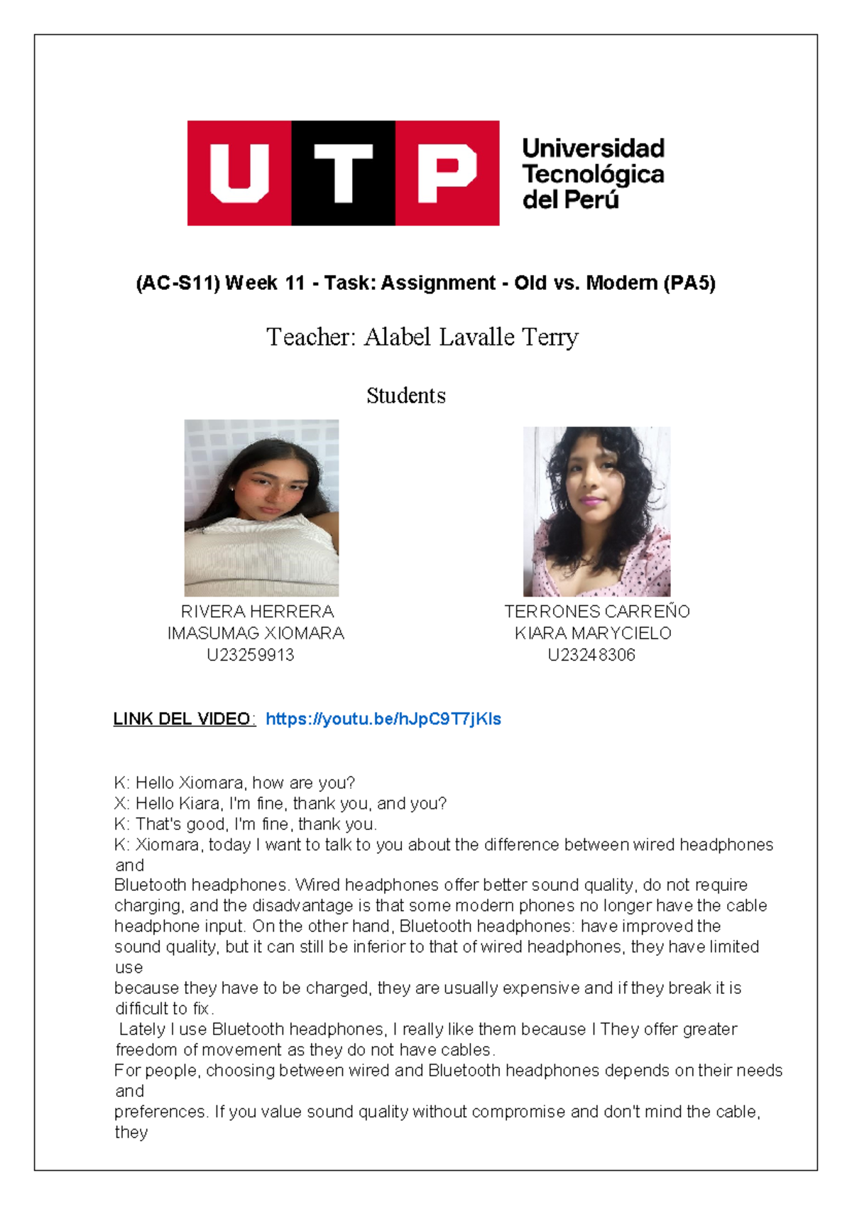 S11 Ingles - tarea - (AC-S11) Week 11 - Task: Assignment - Old vs. Modern (PA5) Teacher: Alabel ...