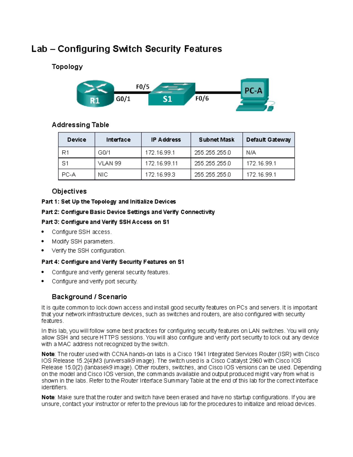 22411 Lab Configuring Switch Security Features Topology Addressing Table Device Interface