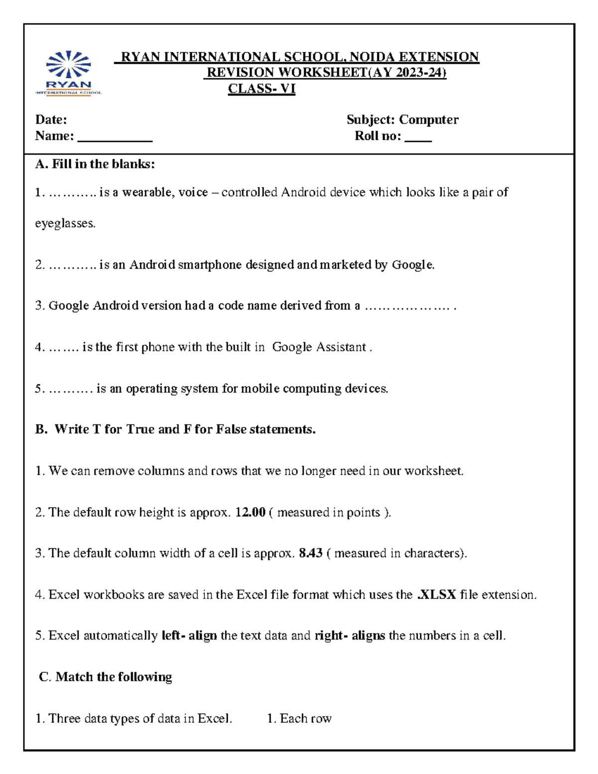 Class-6 Revision Worksheet for Pa-2 - RYAN INTERNATIONAL SCHOOL, NOIDA ...