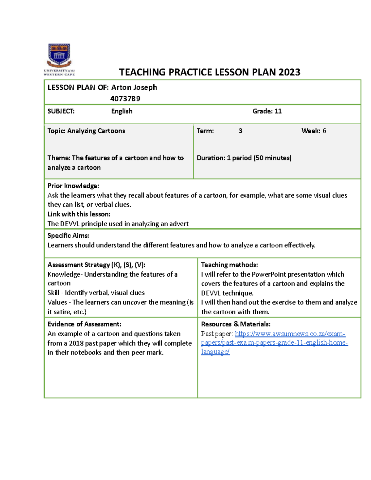 Lesson Plan Analysing Cartoon Grade 11 English - TEACHING PRACTICE ...