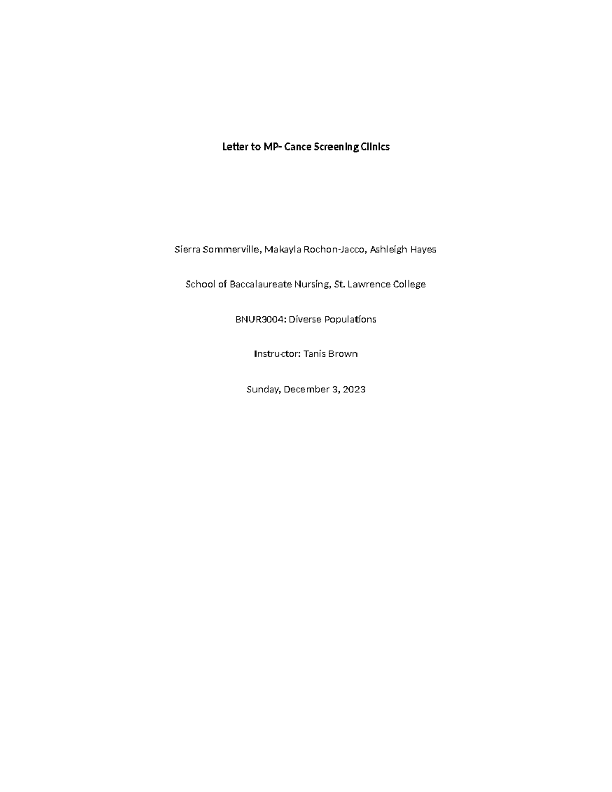 Letter to MP - Lawrence College BNUR3004: Diverse Populations ...