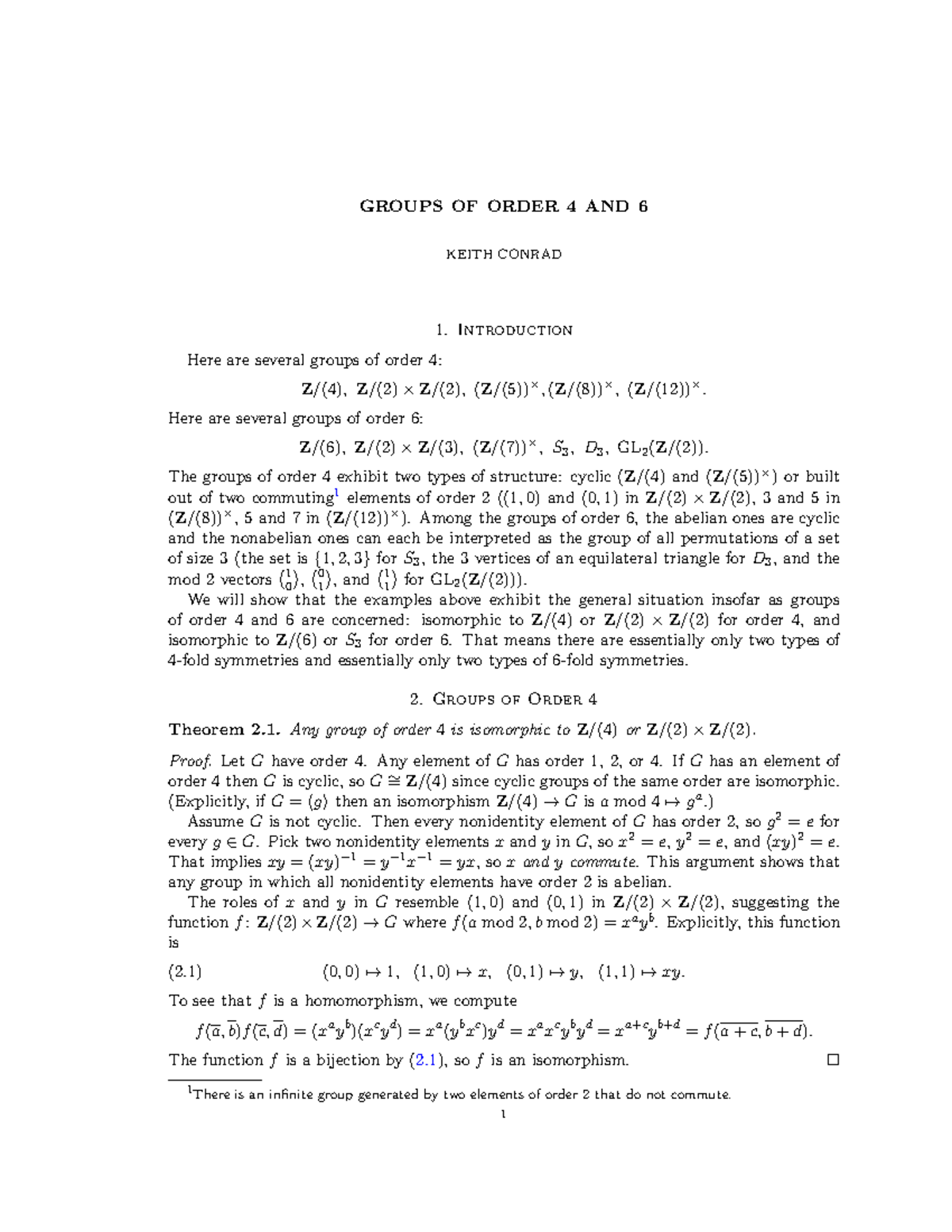 Groupsorder 4and6 - NOTES FOR COURSE - GROUPS OF ORDER 4 AND 6 KEITH ...