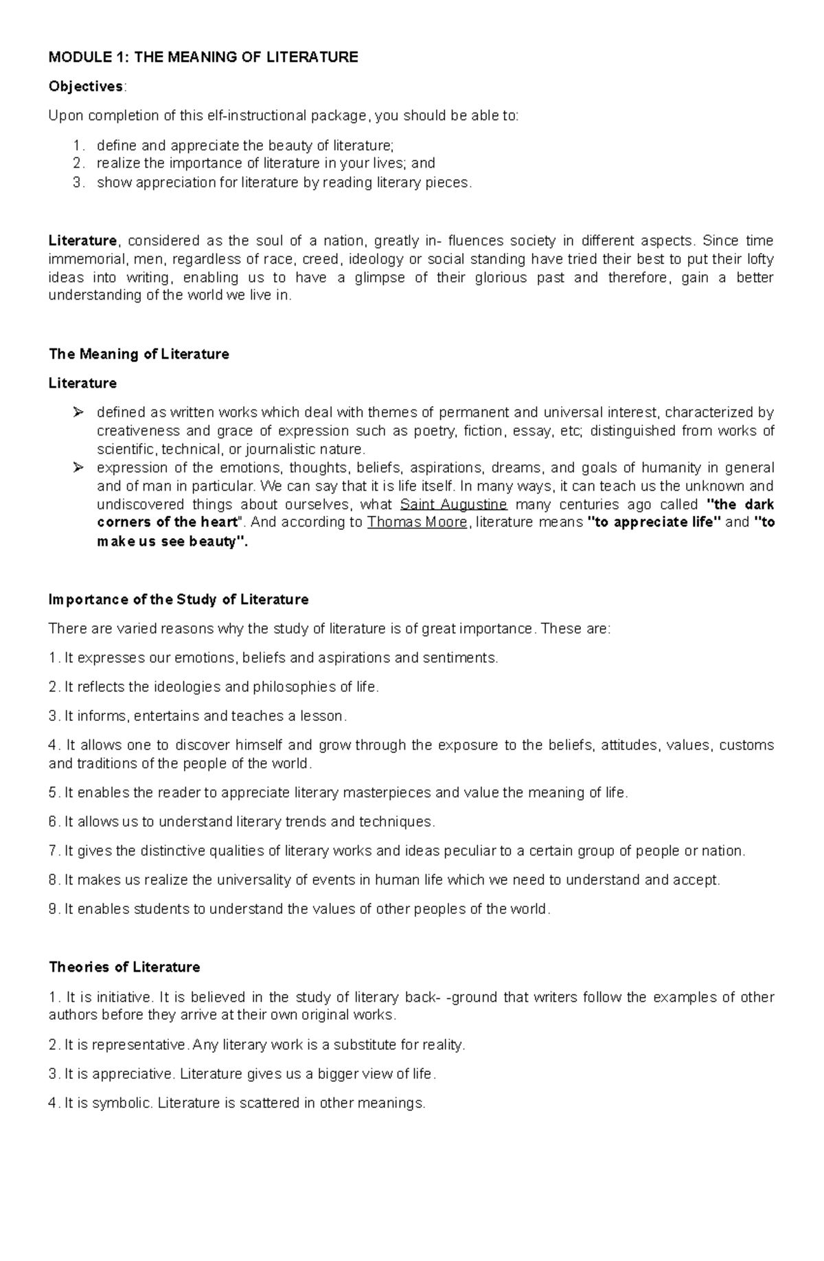 M1 Abstraction World Literature - MODULE 1: THE MEANING OF LITERATURE ...