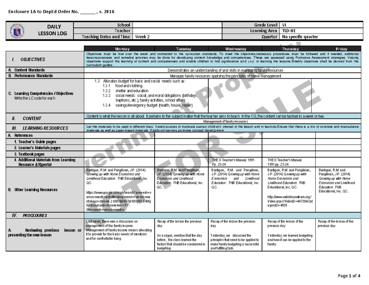 DLL TLE HE week2 - THRGFJHYGH - DAILY LESSON LOG School Grade Level VI ...